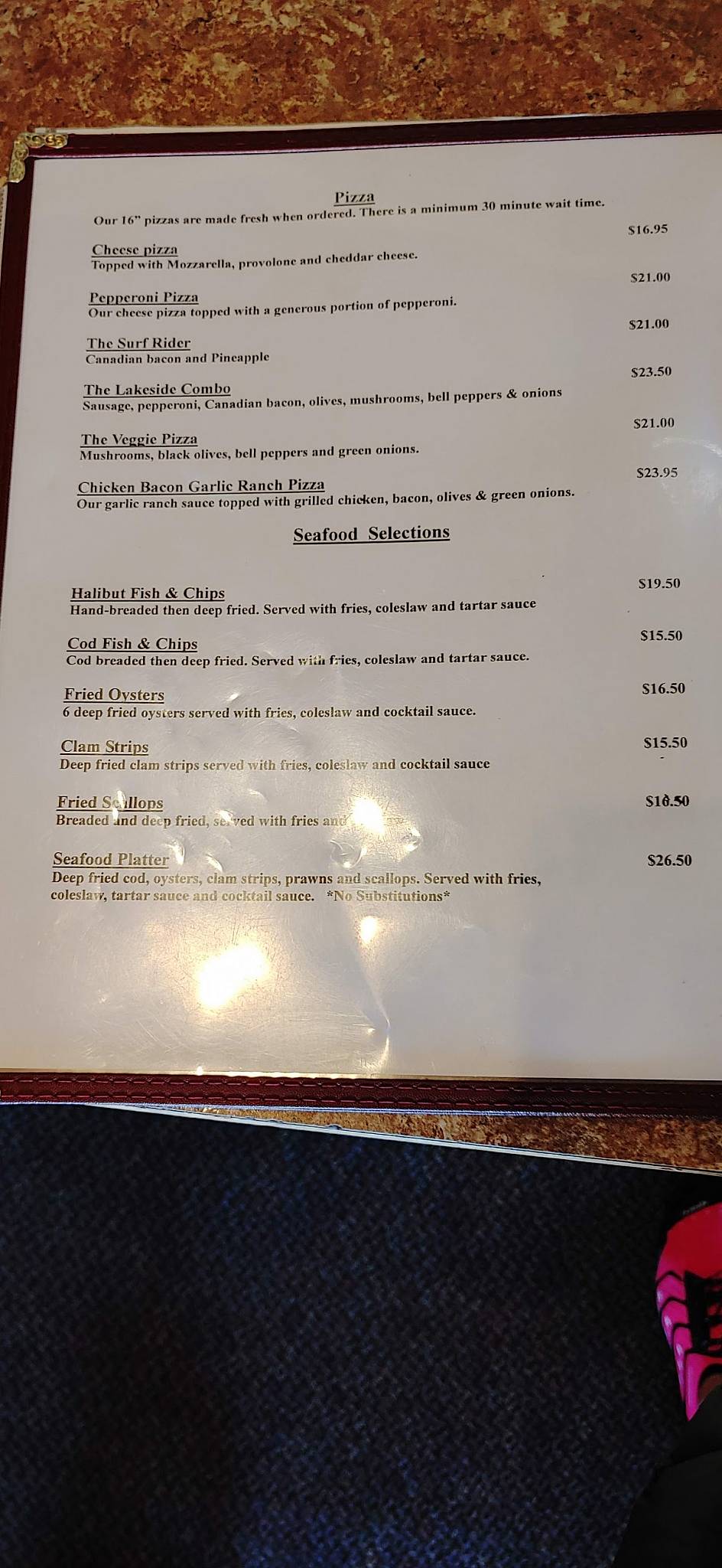 Menu at Lakeside Hideaway restaurant, Rockaway Beach