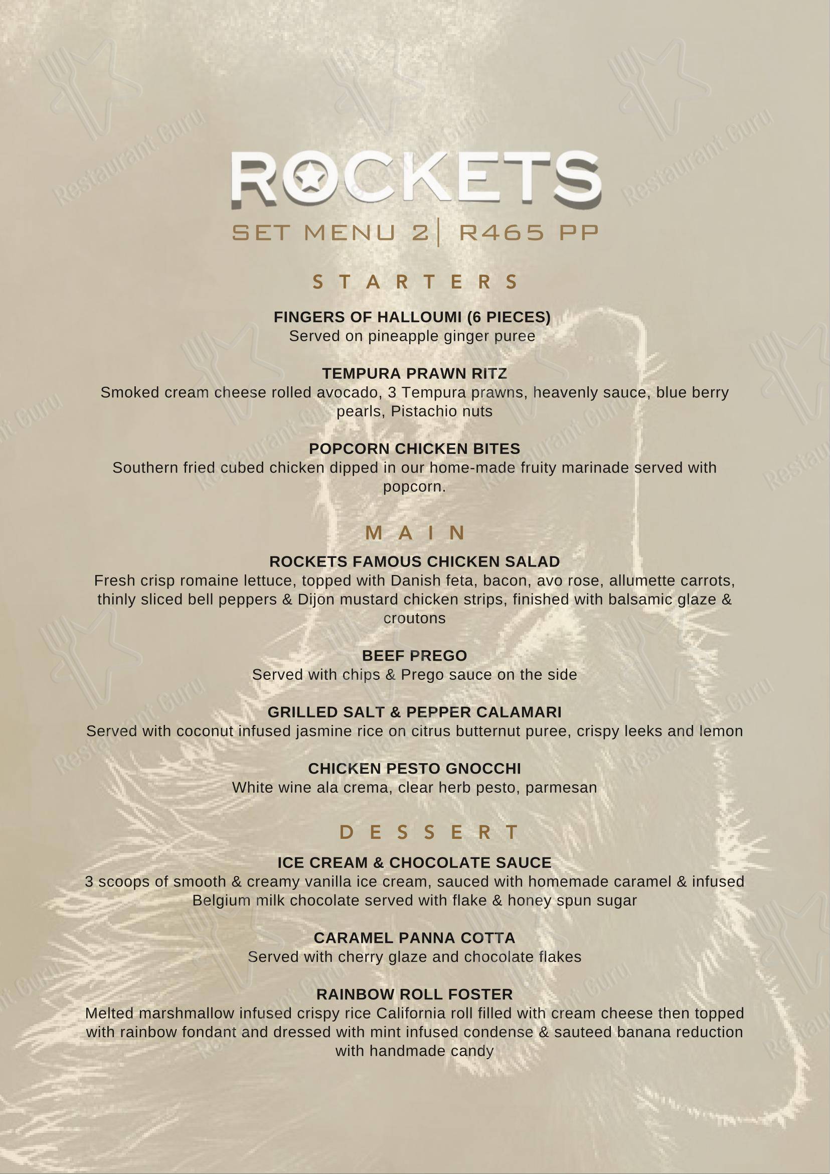 Menu at Rockets Restaurant Umhlanga, Umhlanga
