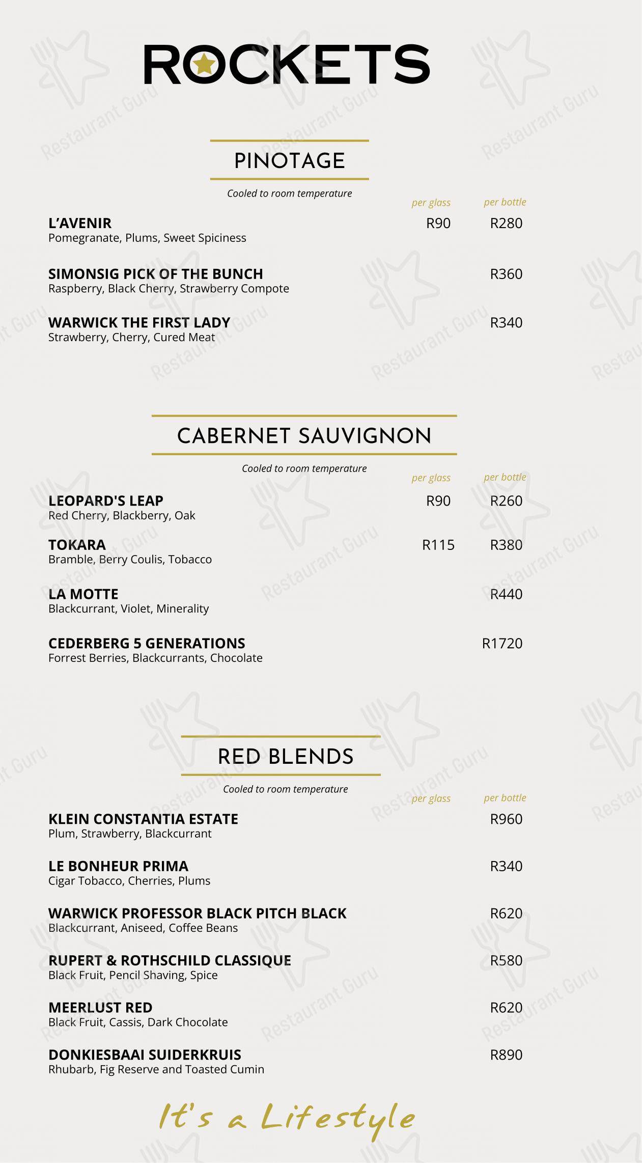 Menu at Rockets Restaurant Umhlanga, Umhlanga