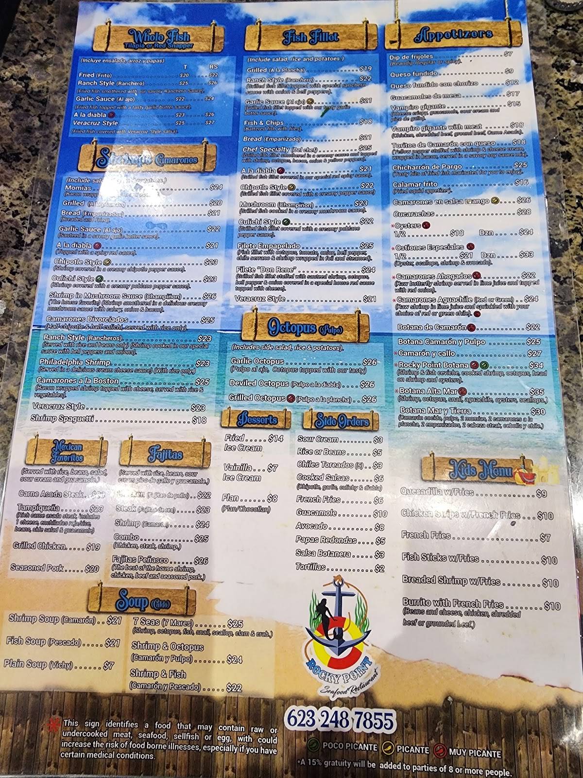 Menu at Rocky Point Seafood Restaurant, Gilbert
