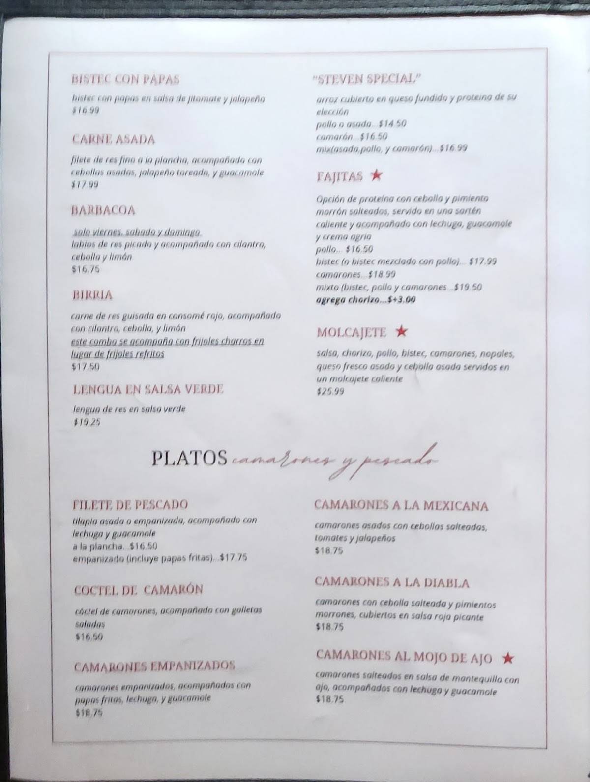 Menu at El Rinconcito restaurant, Rogers