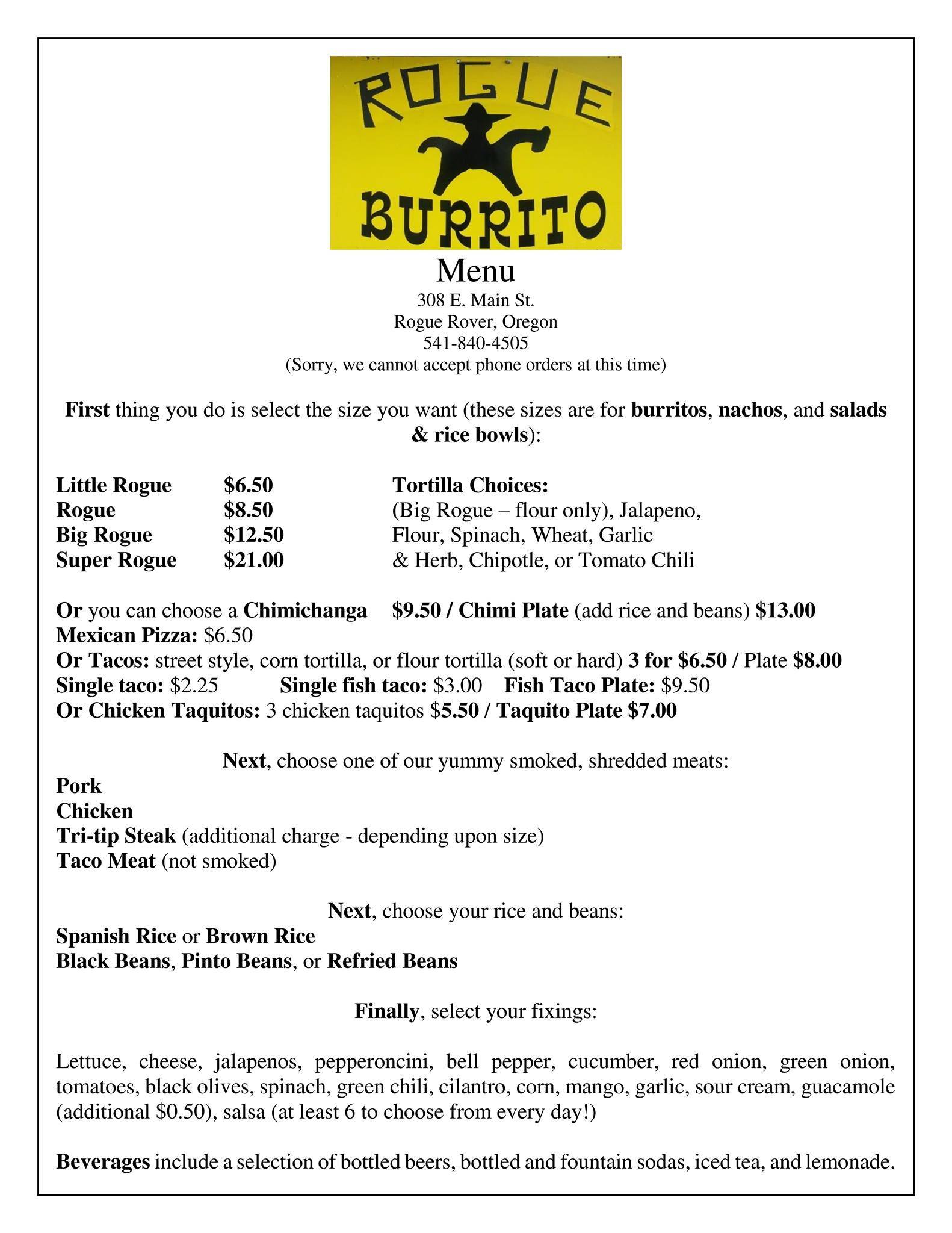 Menu at Rogue Burrito restaurant, Rogue River, 308 E Main St