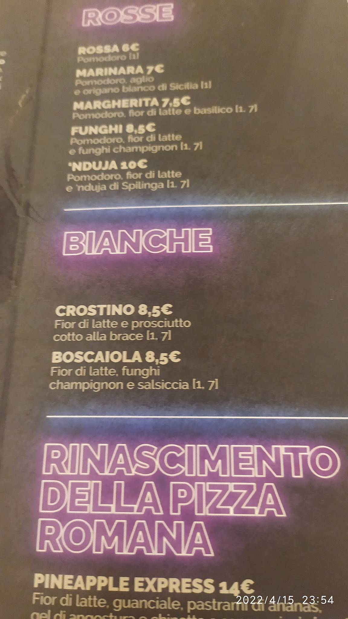 Menu da 180Grammi Pizzeria Romana, Roma, Via Genazzano