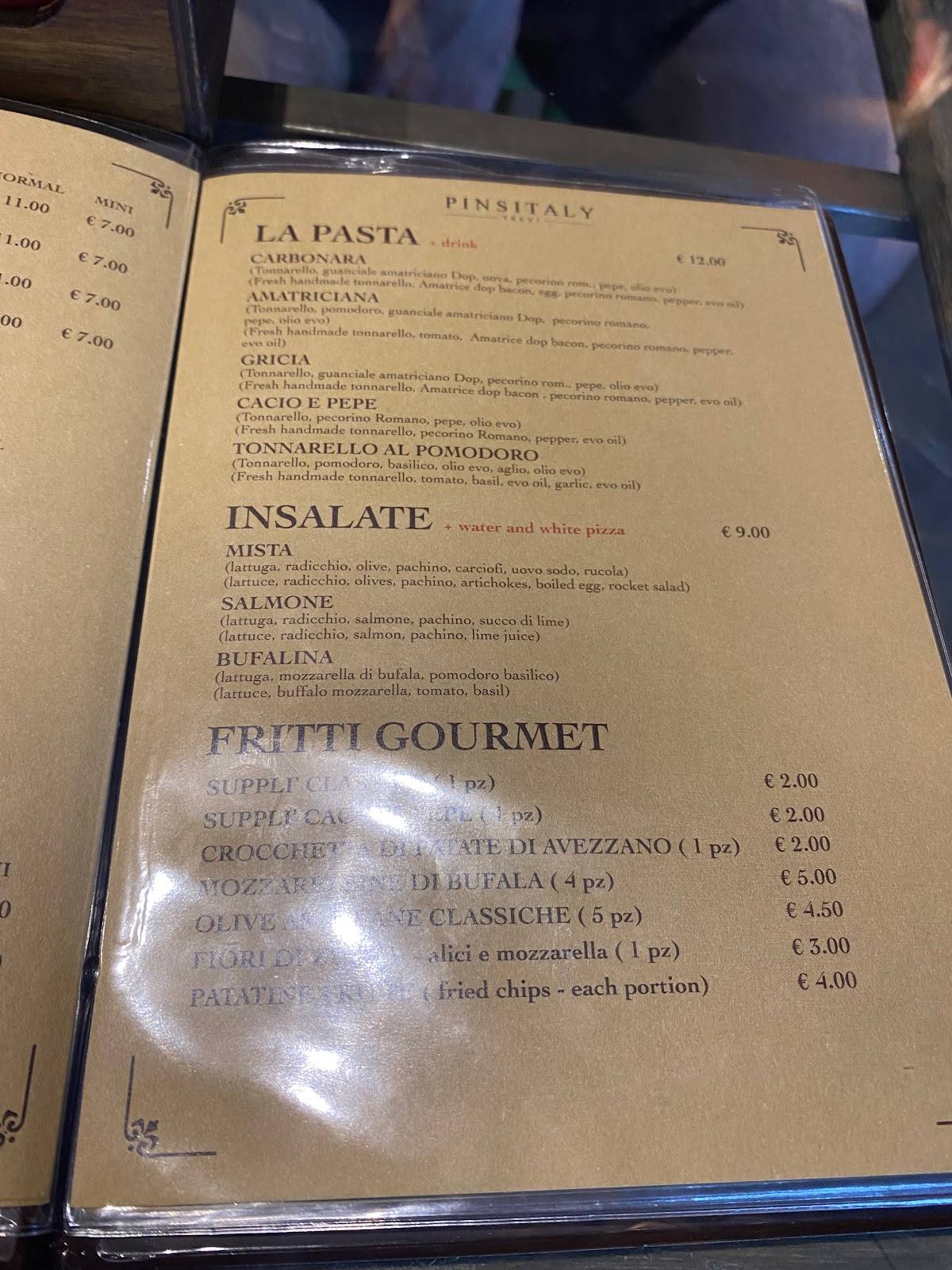 Menu at Pinsitaly Trevi pizzeria, Rome, Via della Panetteria