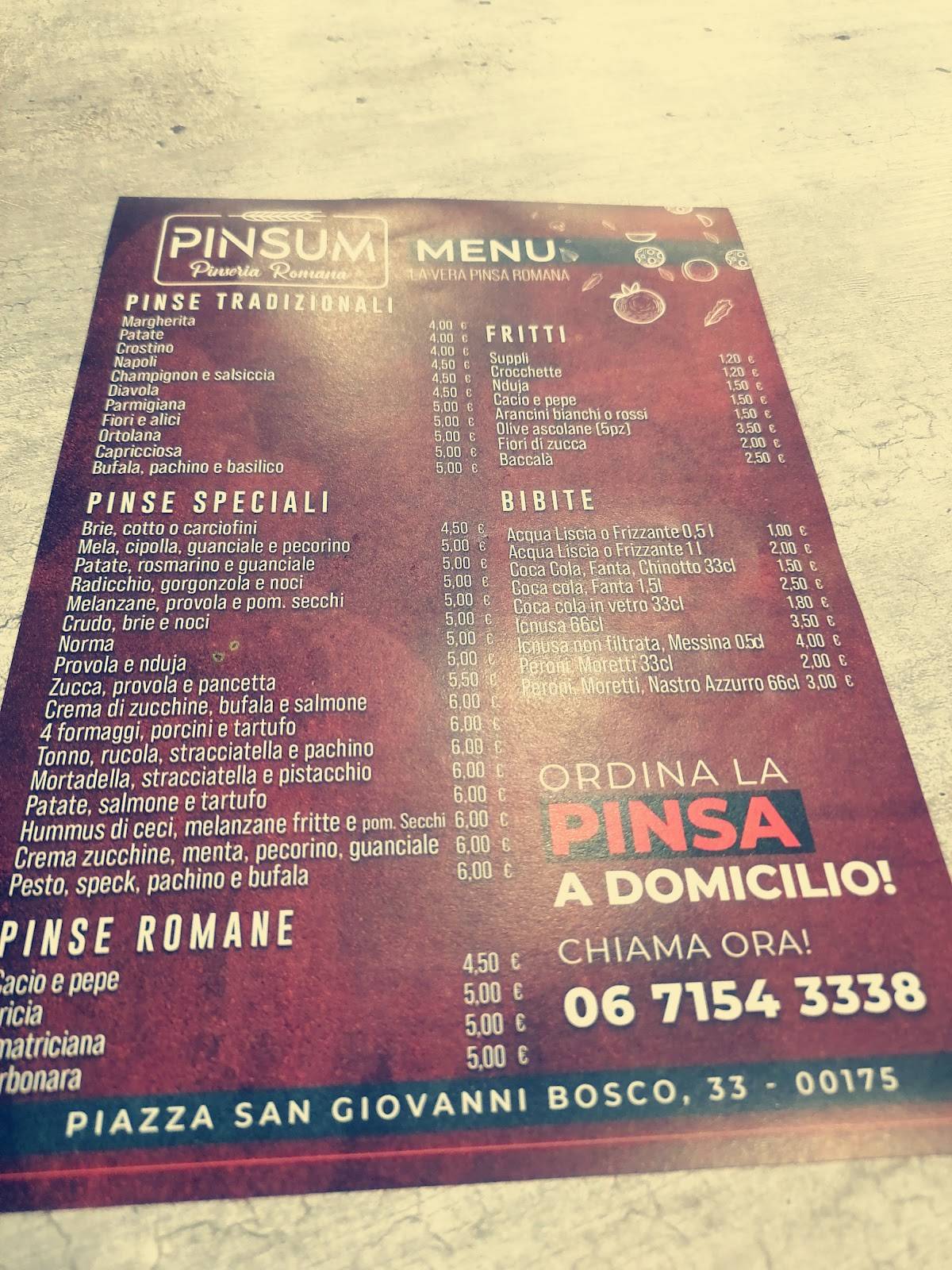 Menu da Pinsum Pinsa Romana pizzeria, Roma