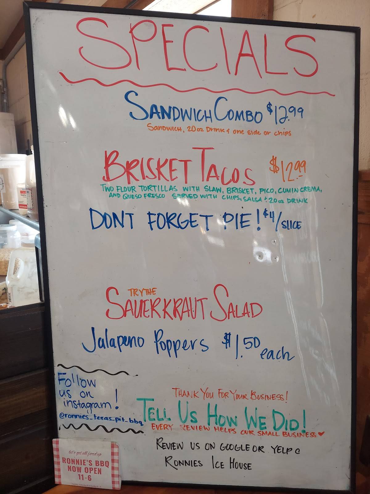 Menu at Ronnie's Ice House Barbeque, Johnson City