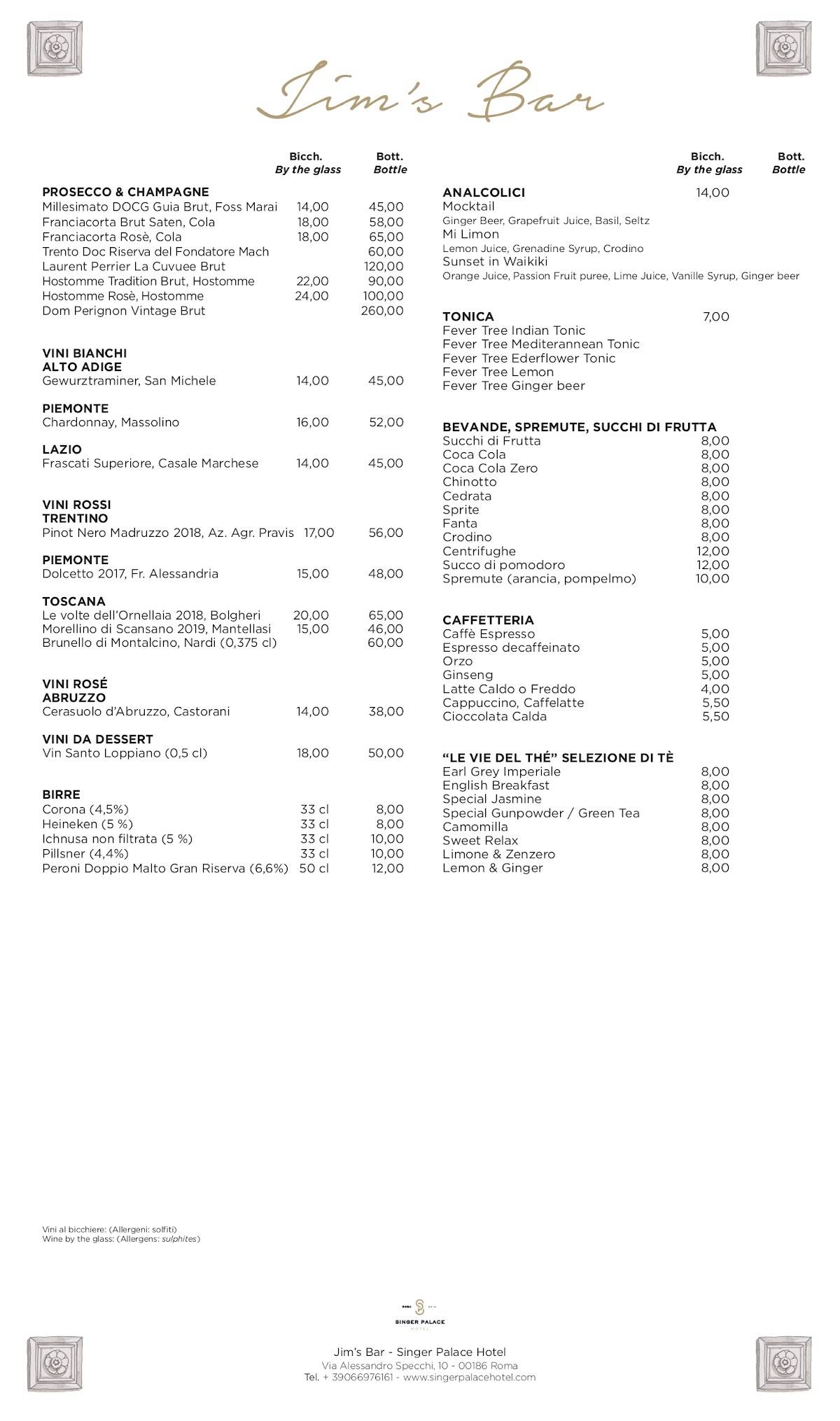 Menu au Rooftop Jim's Bar, Rome