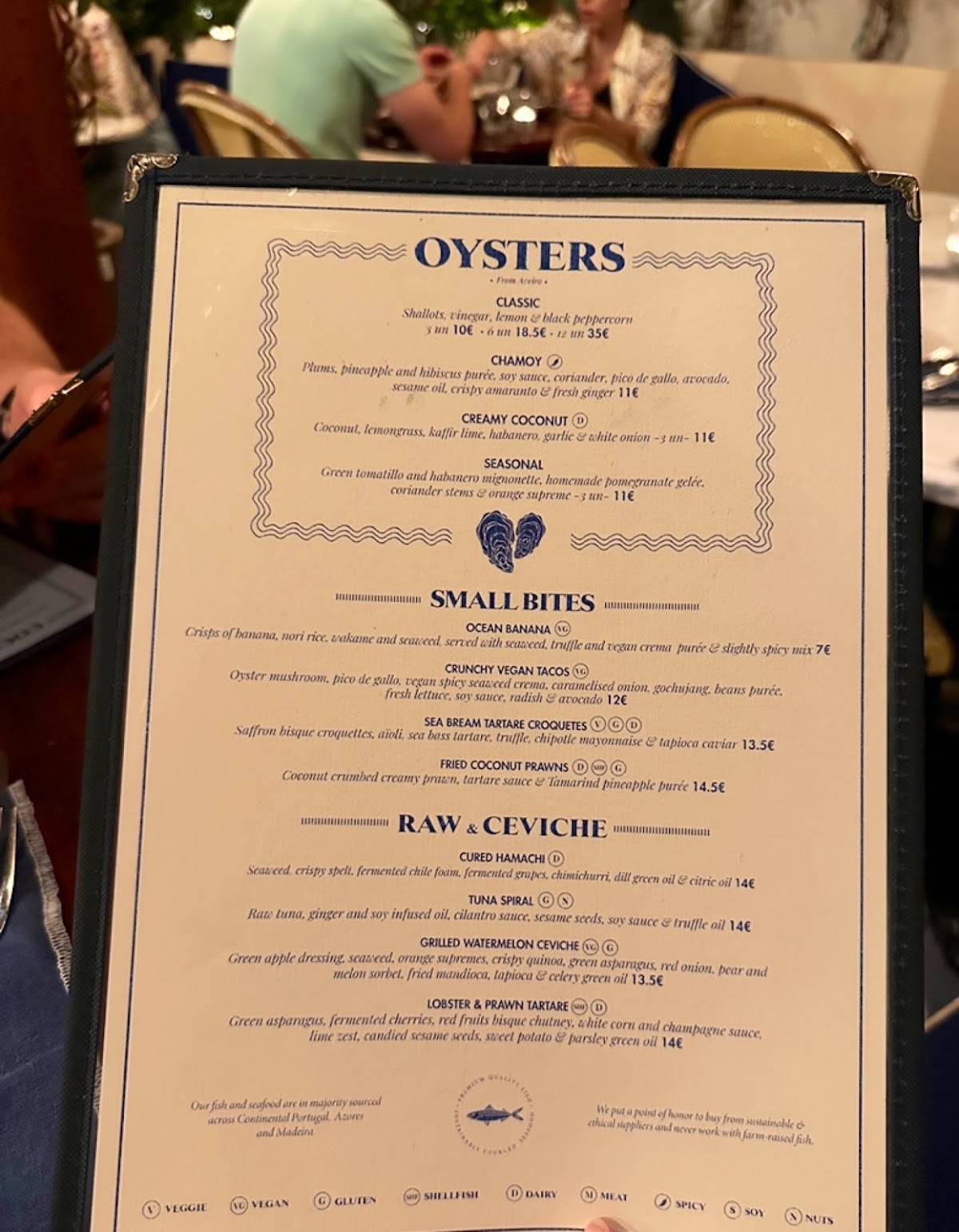 Menu at Rosamar restaurant, Lisbon