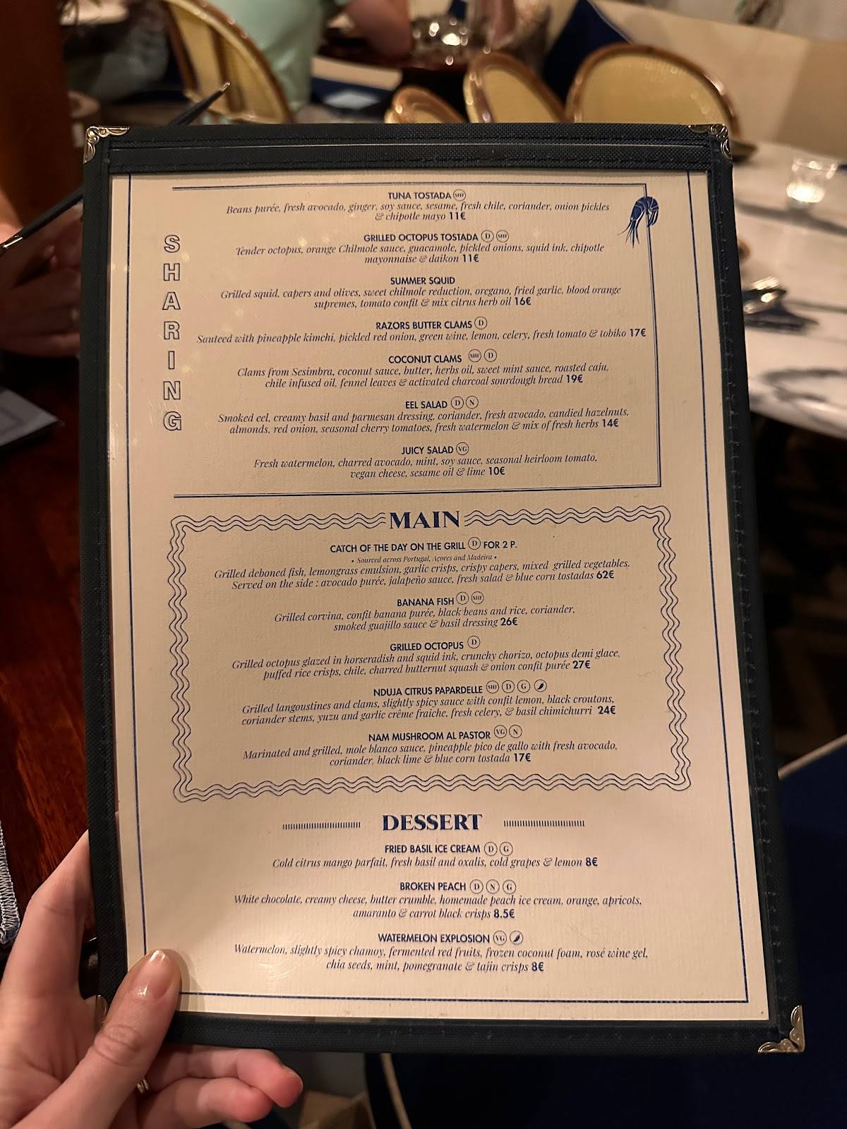Menu at Rosamar restaurant, Lisbon