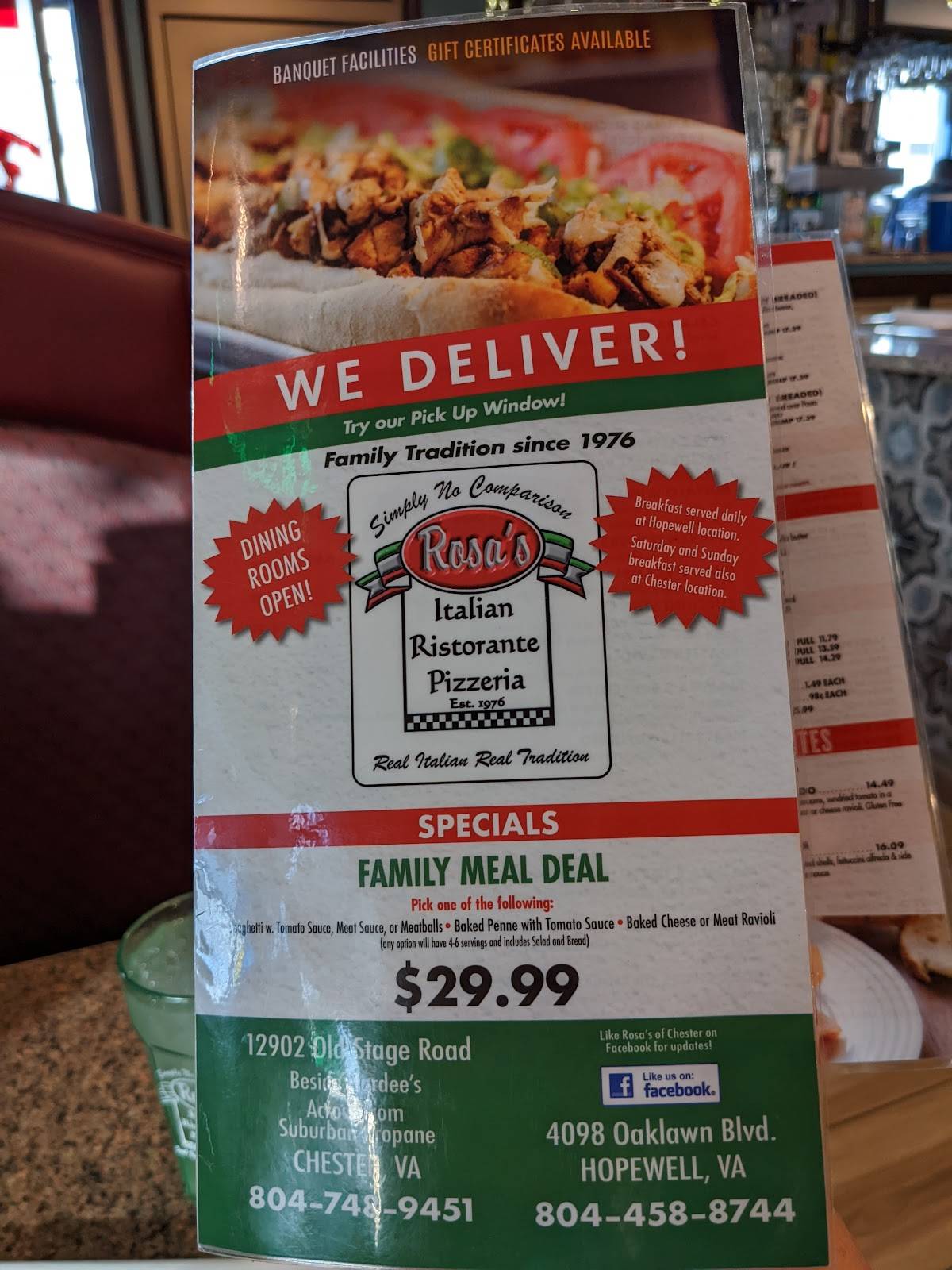 Carta de Rosa's Italian Ristorante Pizzeria, Hopewell