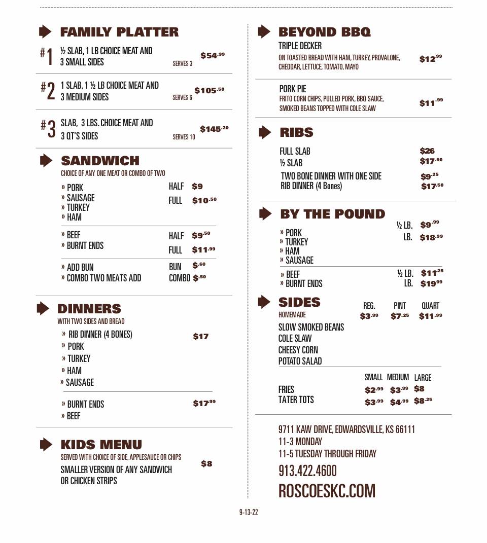 Menu at Roscoe's BBQ, Edwardsville
