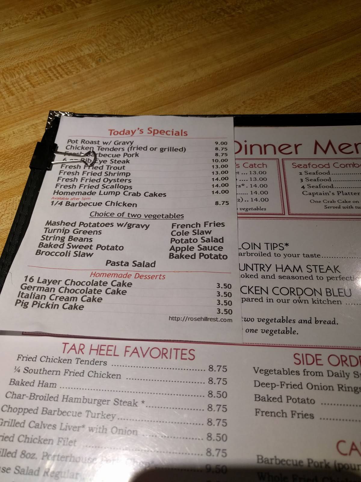 Menu at Rose Hill Restaurant, Rose Hill