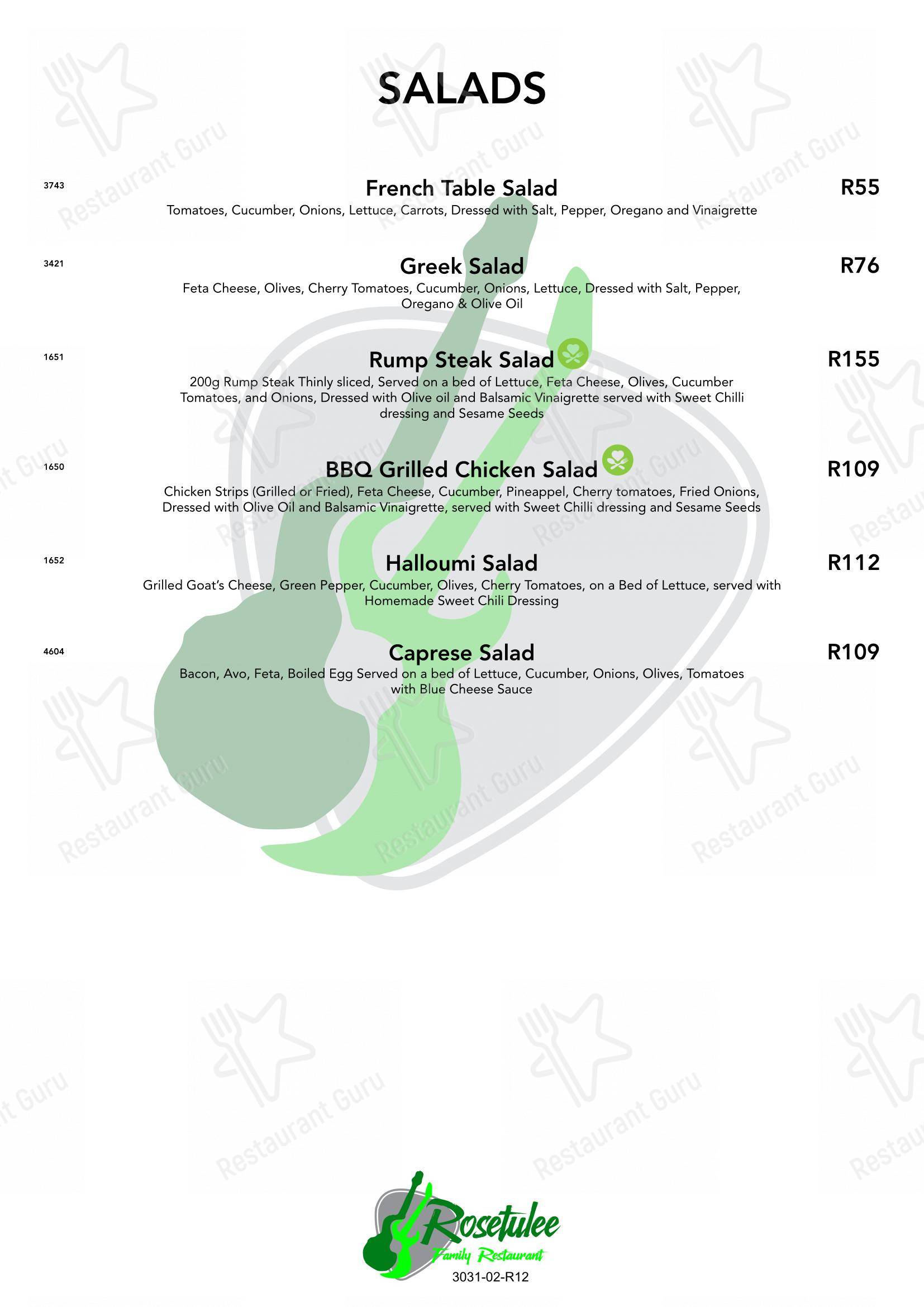 Menu at Rose Tulee pub & bar, Brakpan