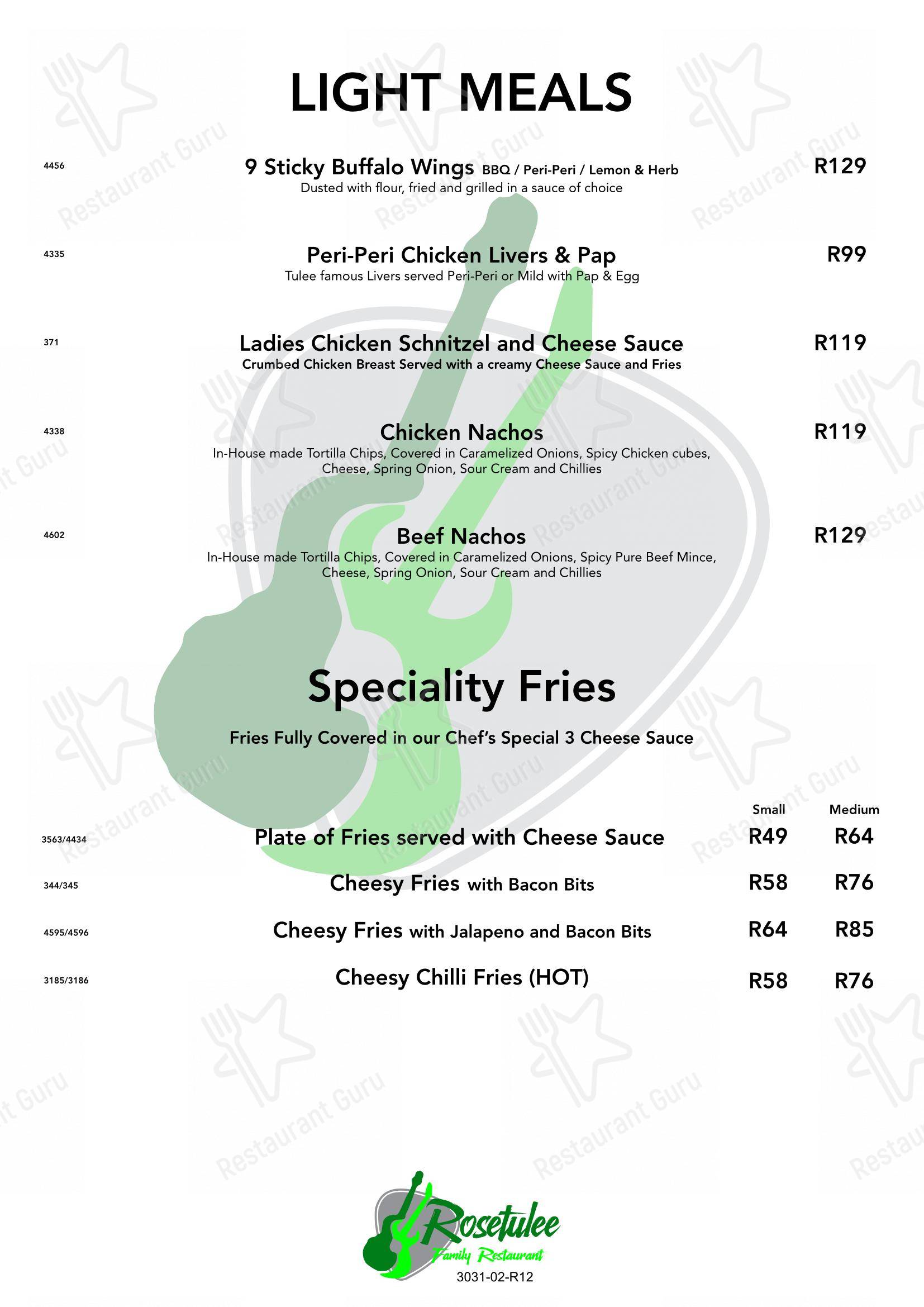 Menu at Rose Tulee pub & bar, Brakpan