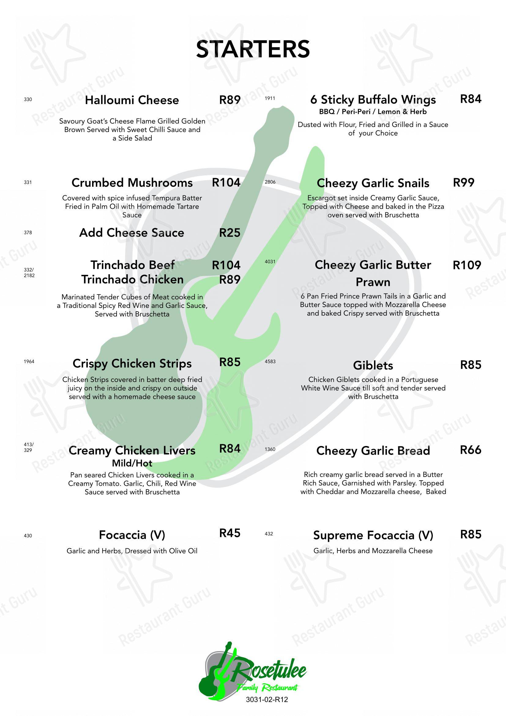 Menu at Rose Tulee pub & bar, Brakpan