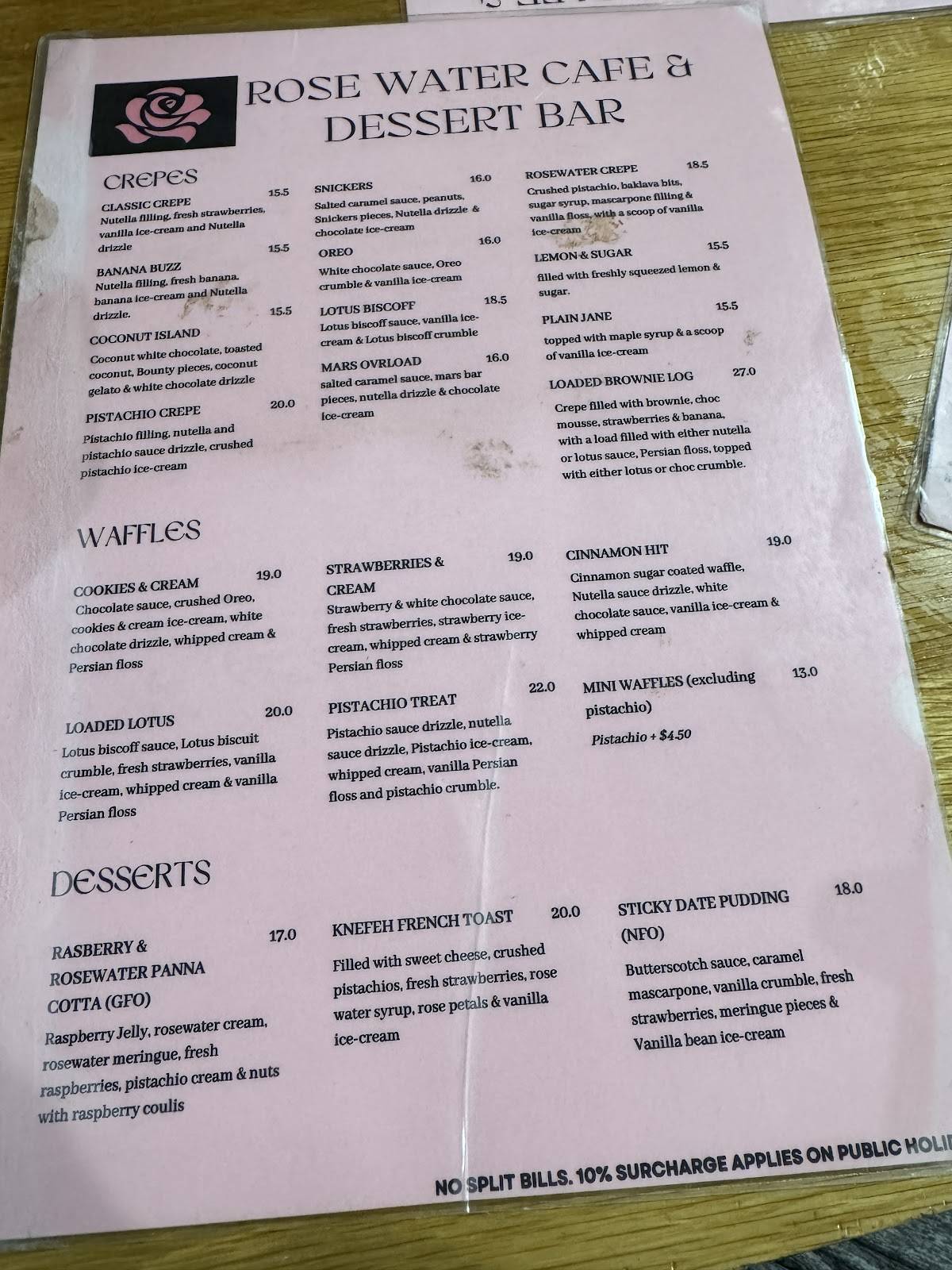 Menu at Rose Water Cafe & Dessert Bar, Pascoe Vale