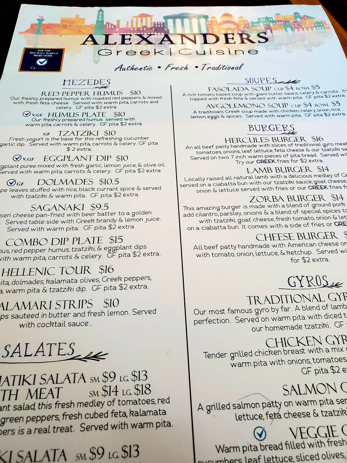 Menu at Alexander's Greek Cuisine restaurant, Roseburg