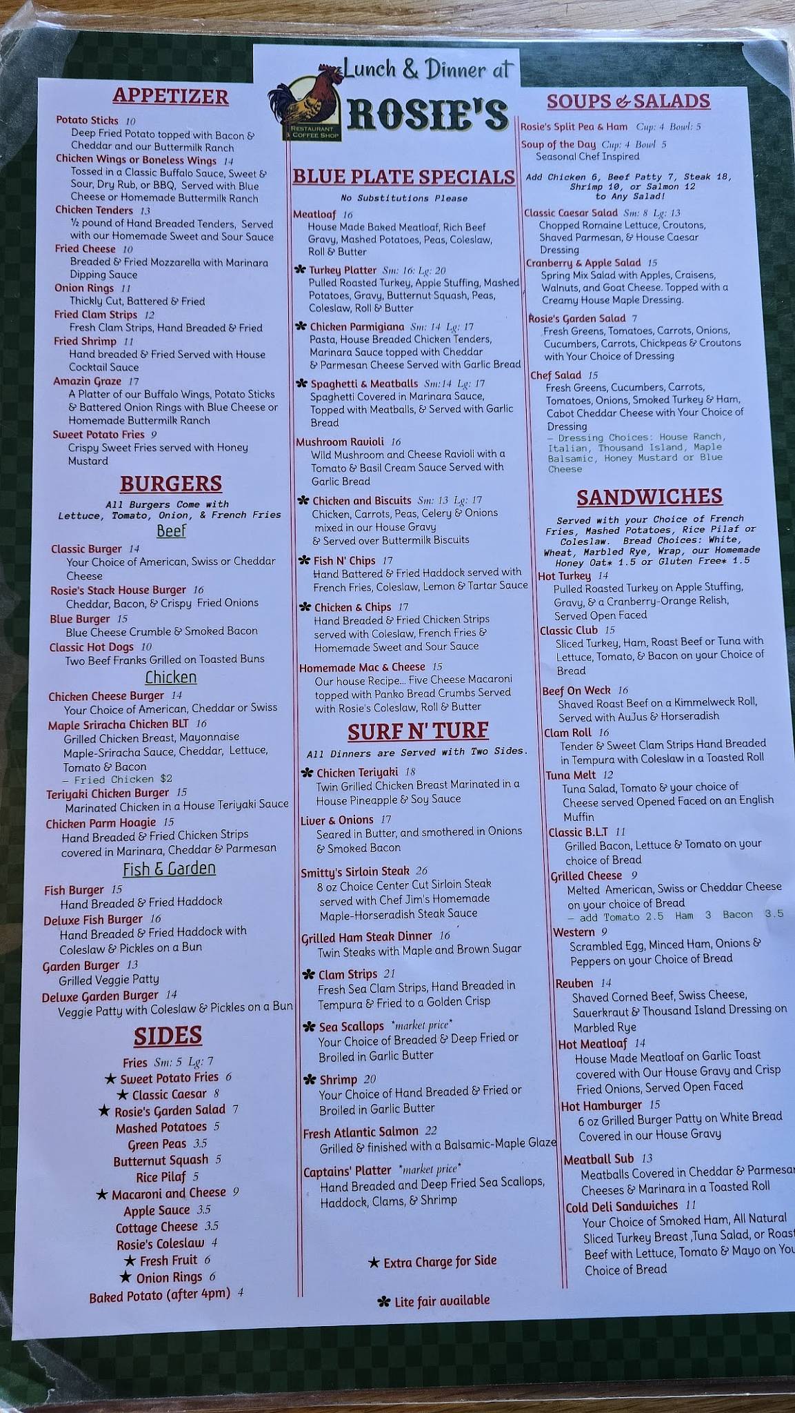 Menu at Rosie's Restaurant, Middlebury, 886 US-7