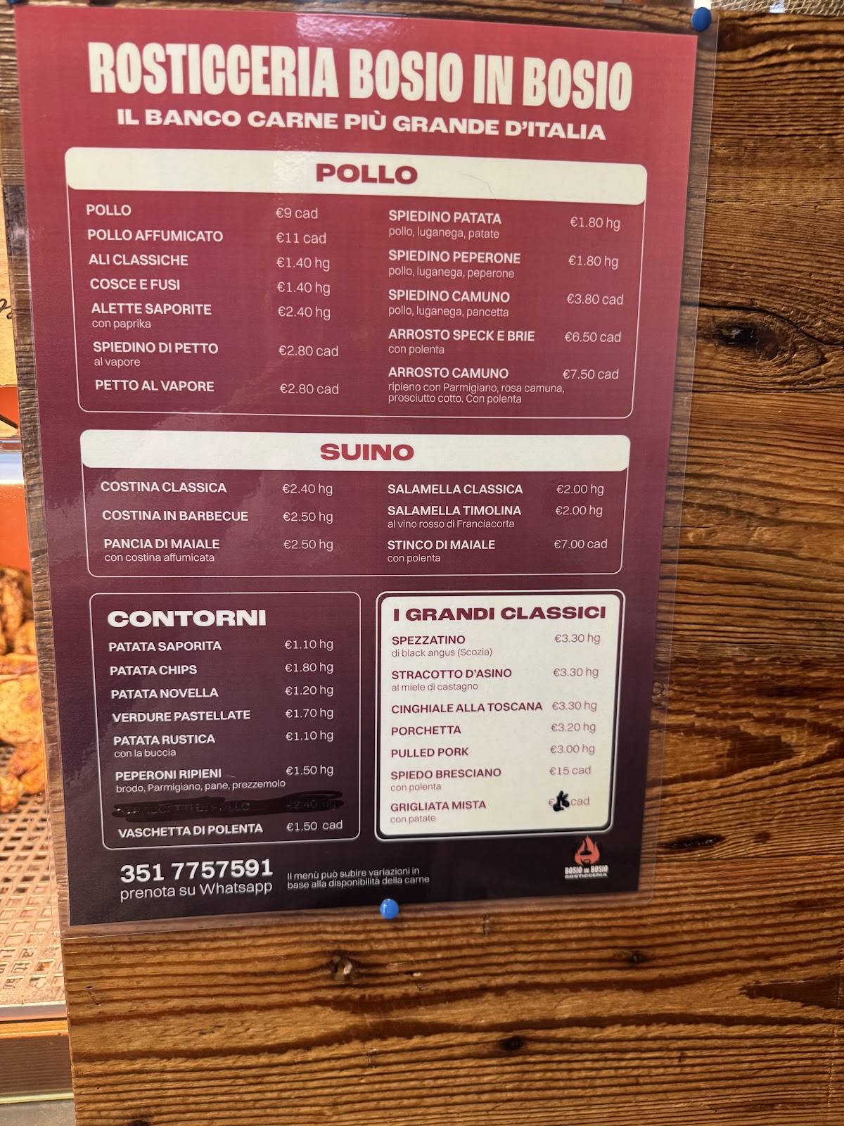 Menu da Rosticceria Bosio in Bosio ristorante, Iseo, Via Cremignane