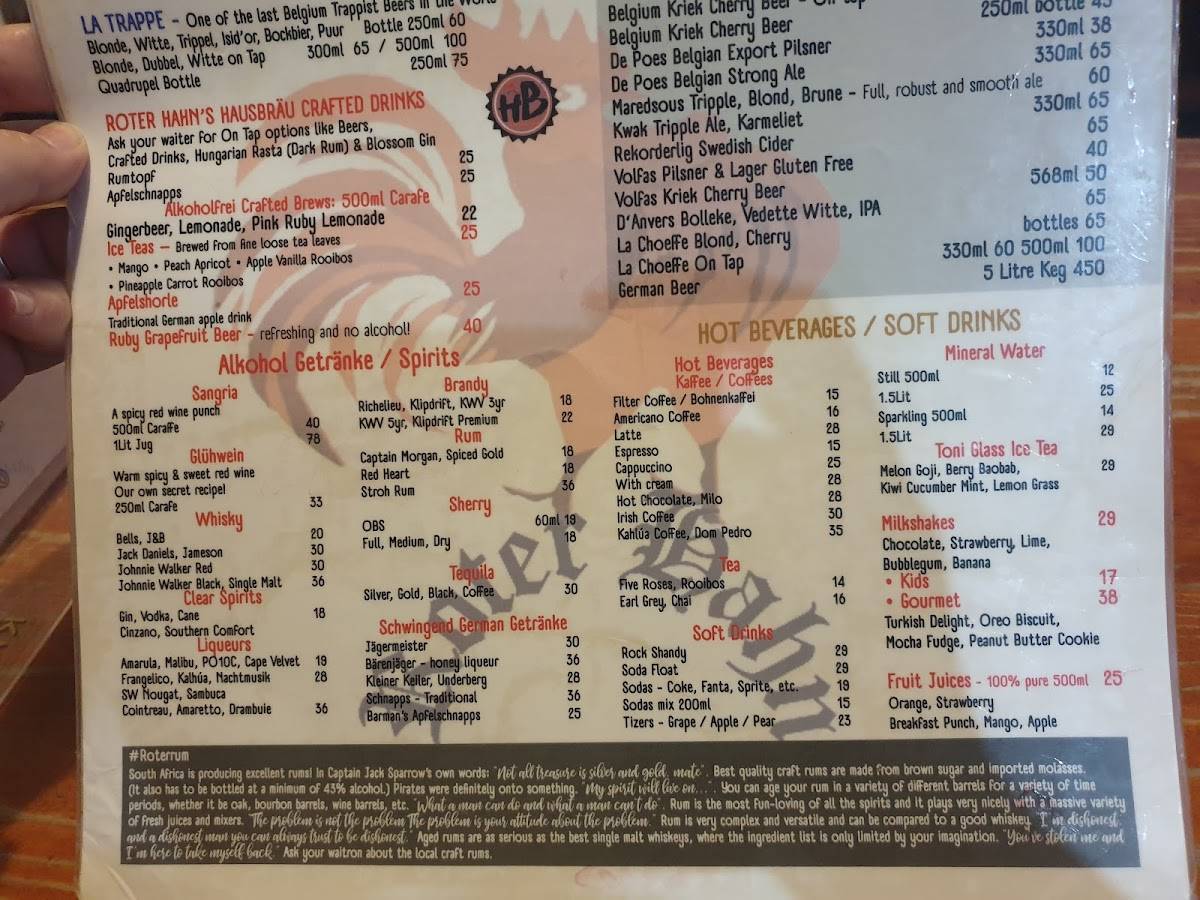 Menu at Roter Hahn restaurant, Clarens