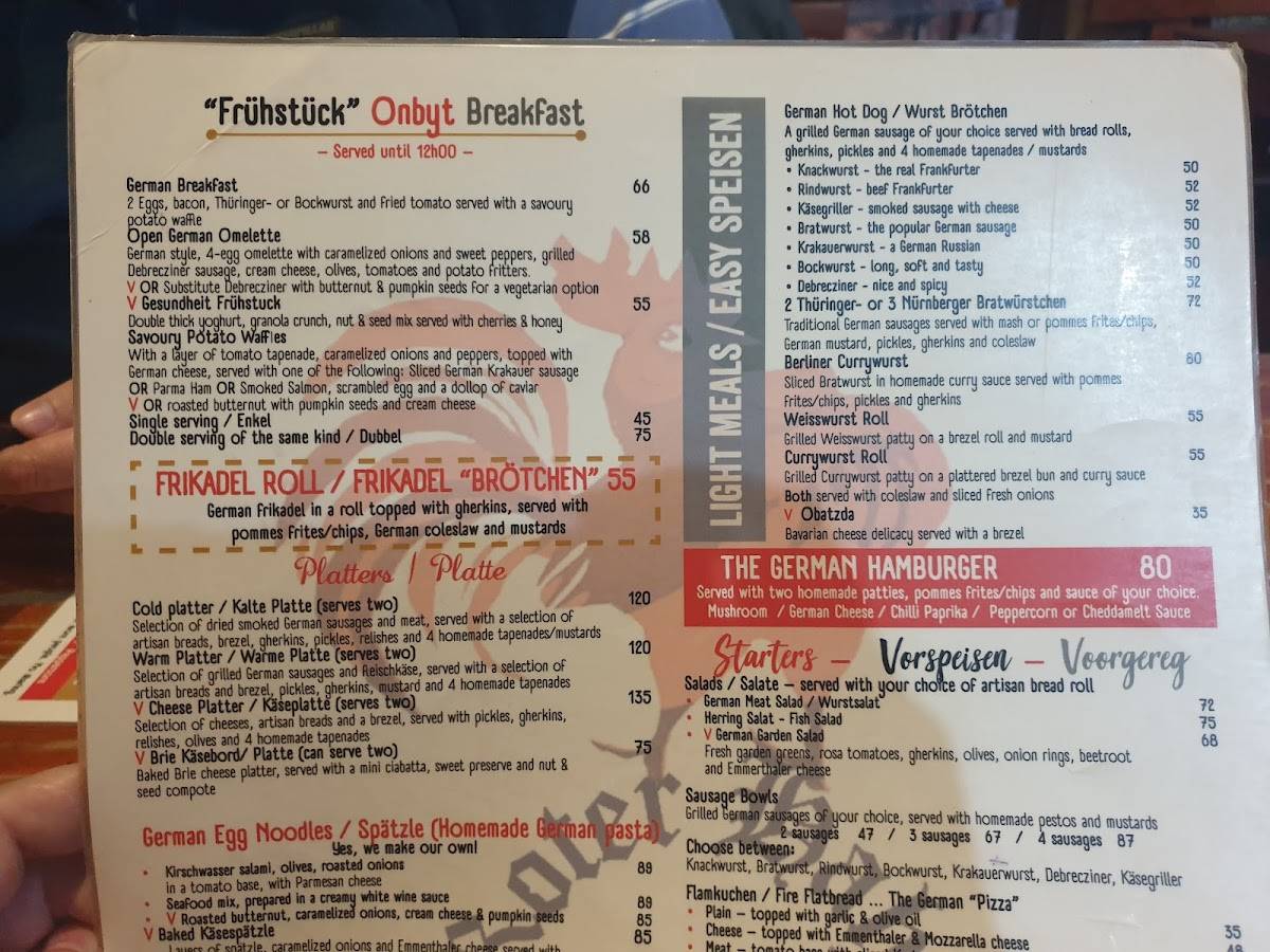Menu at Roter Hahn restaurant, Clarens