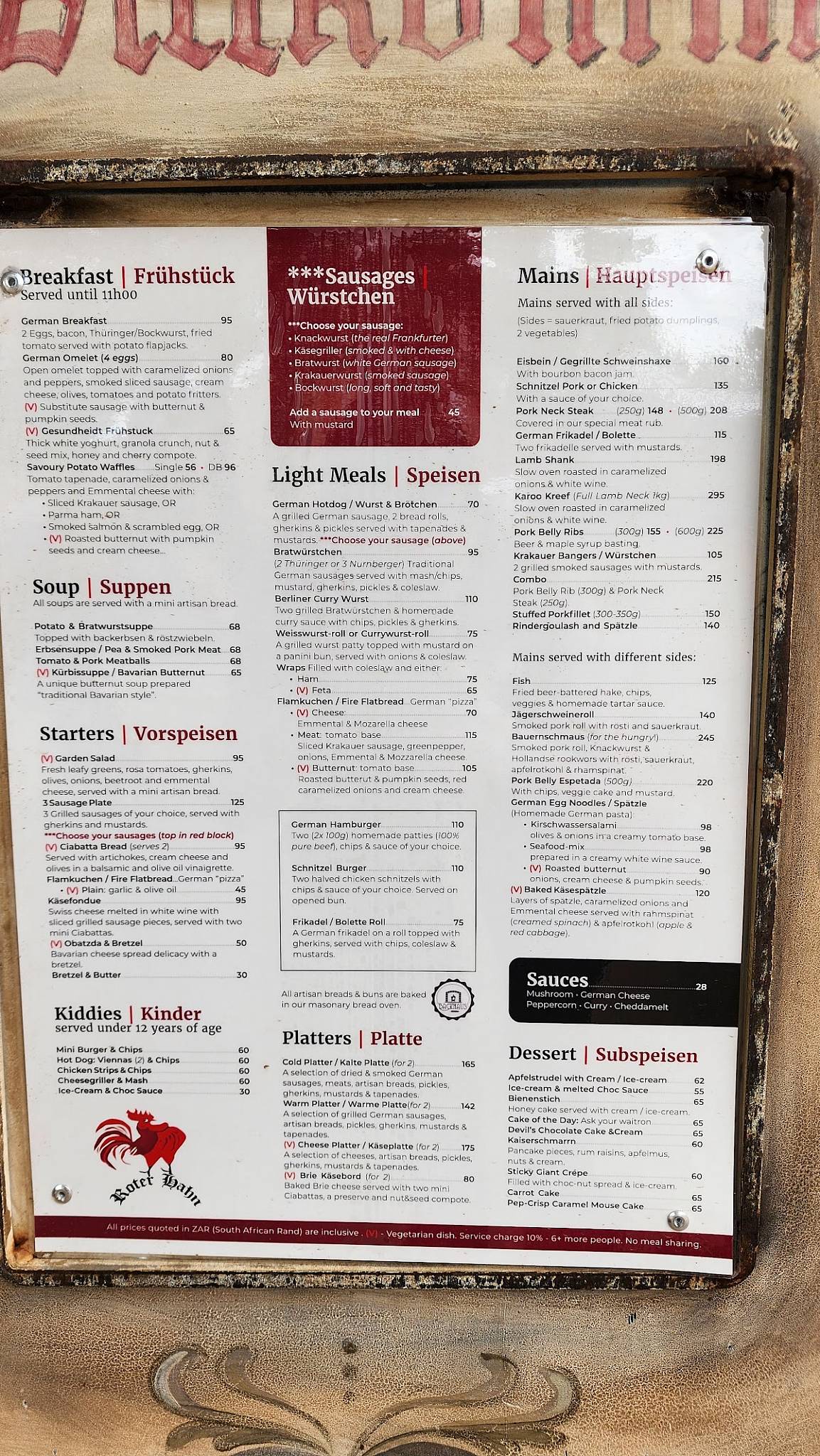 Menu at Roter Hahn restaurant, Clarens