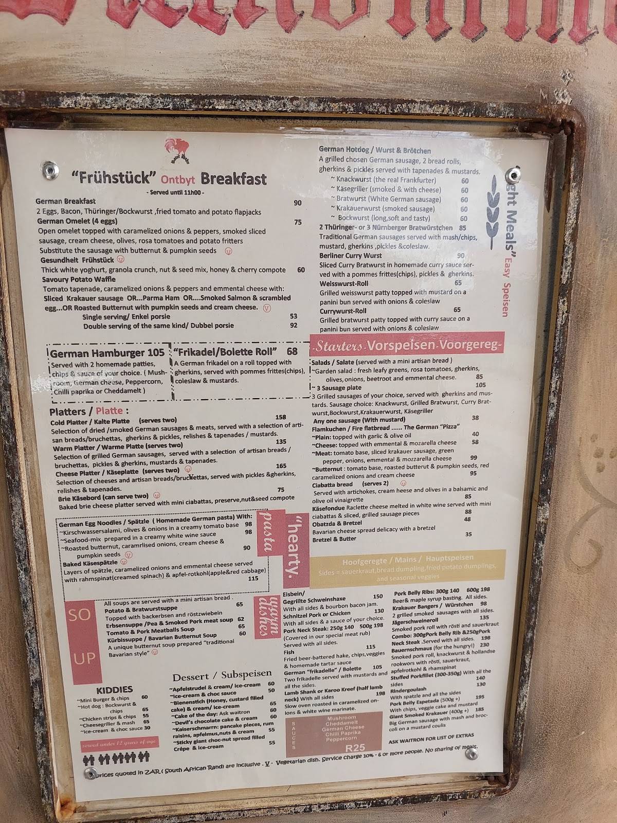 Menu at Roter Hahn restaurant, Clarens