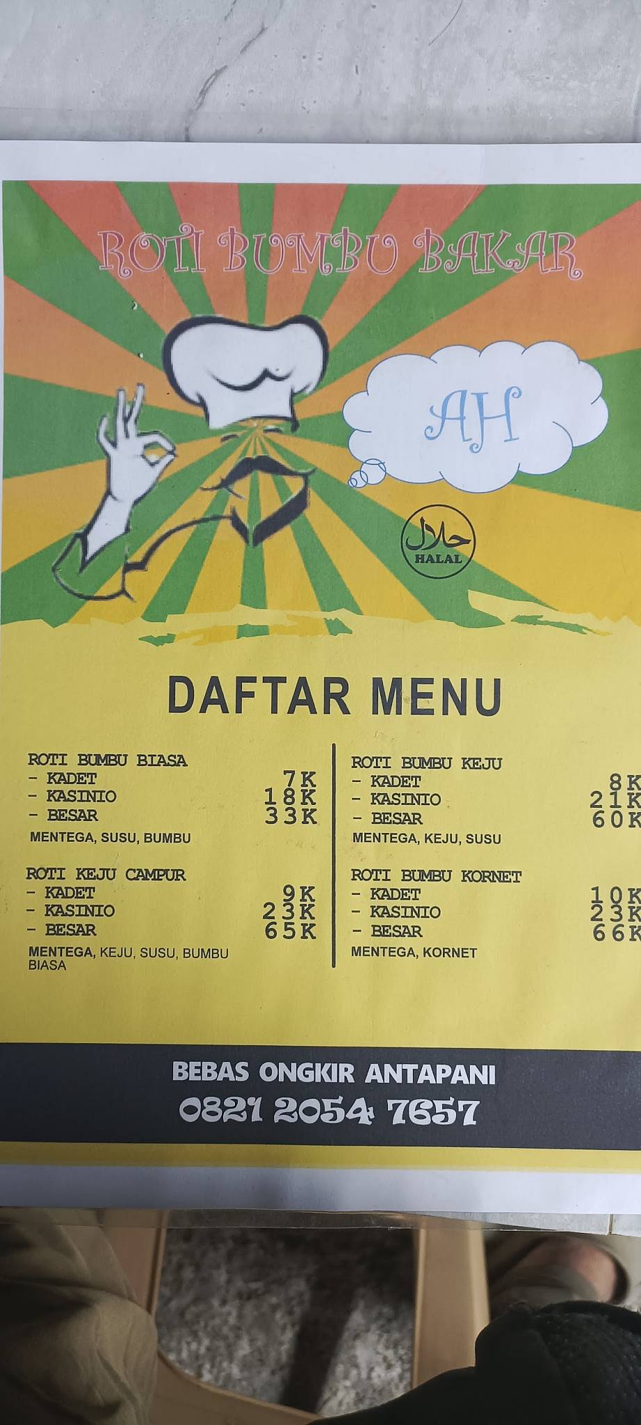 Menu at Roti Bakar AH Antapani restaurant, Bandung
