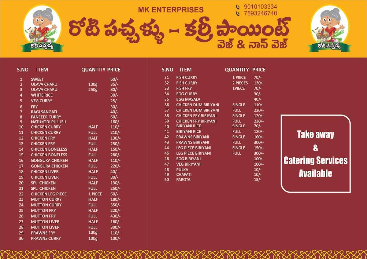 Menu at Roti Pachallu curry point, Hyderabad