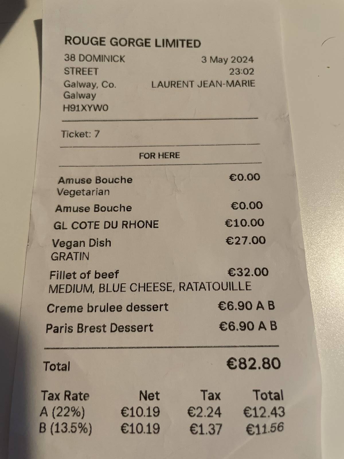 Menu at Rouge Restaurant, Galway