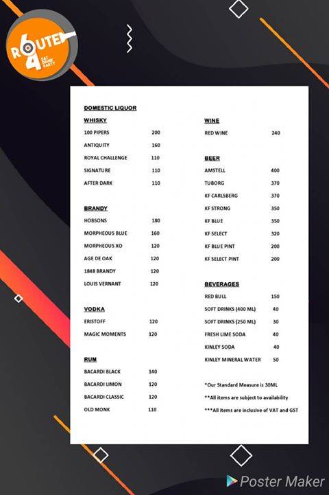 Menu at Route 64 Lounge Resto bar, Coimbatore