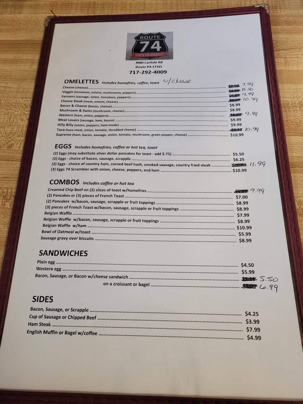 Menu at Route 74 Restaurant, Dover