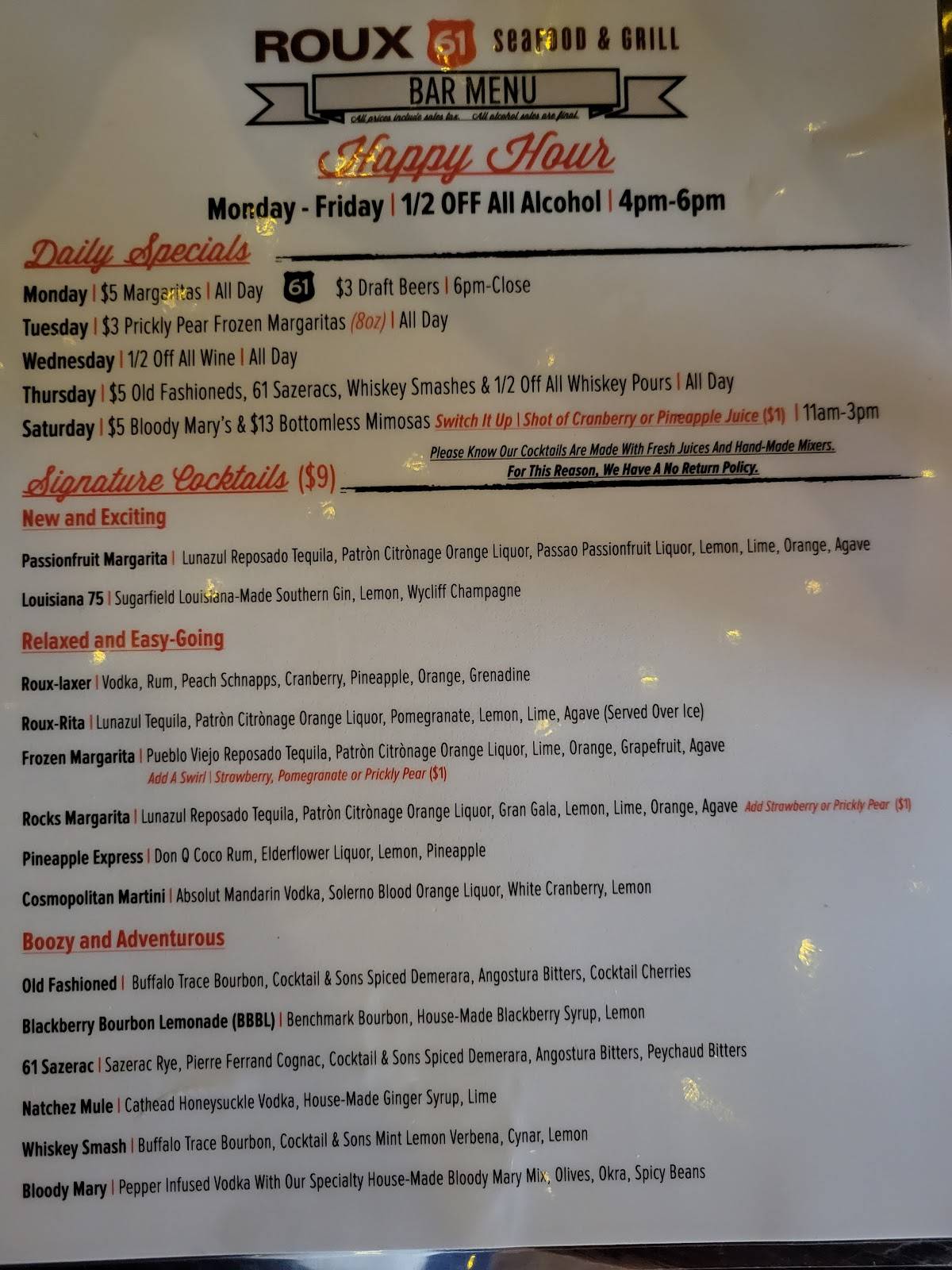 Menu at Roux 61 Seafood & Grill restaurant, Baton Rouge