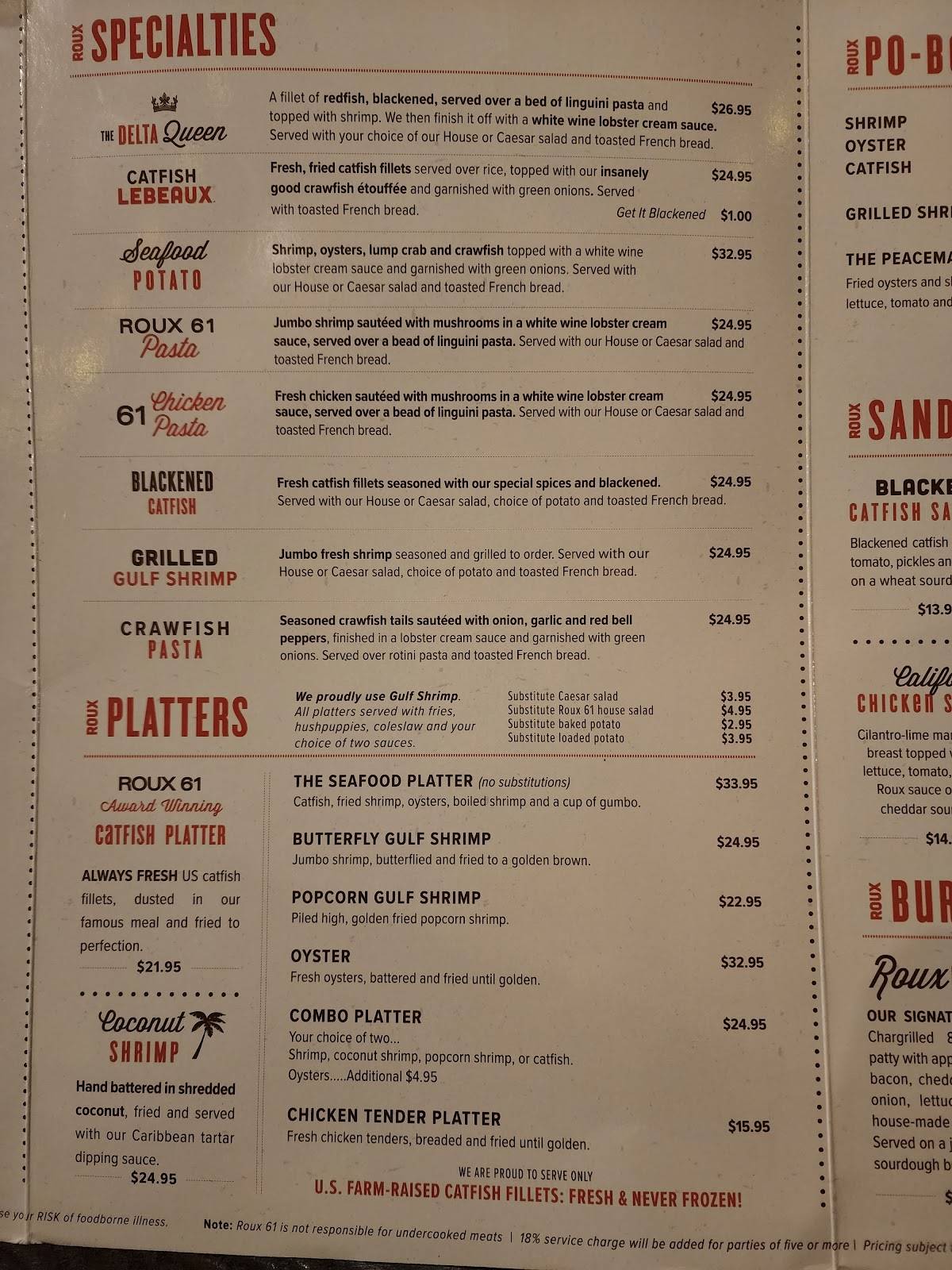 Menu at Roux 61 Seafood & Grill restaurant, Baton Rouge