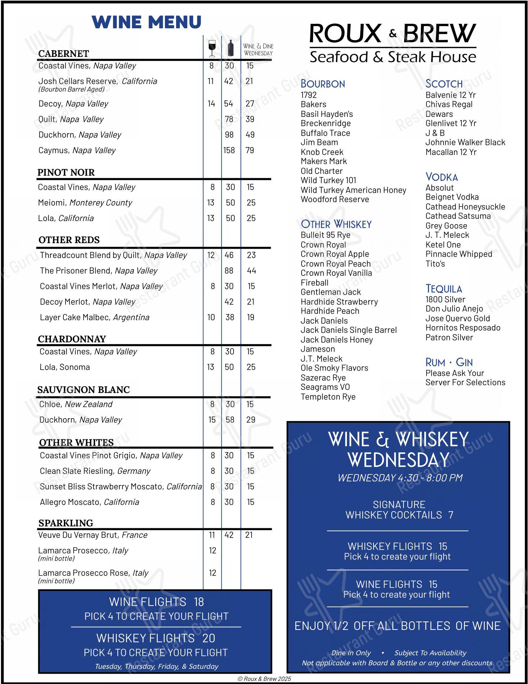 Menu at Roux & Brew Seafood and Steak House pub & bar, Ponchatoula
