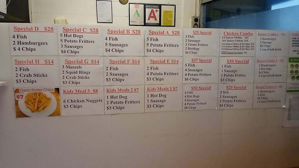 Menu at Rowandale Takeaways fast food, New Zealand