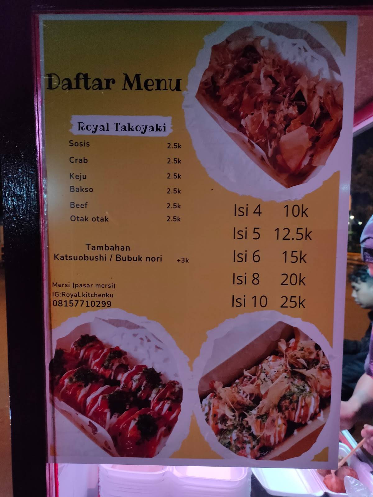 Menu at Royal Takoyaki restaurant, Purwokerto