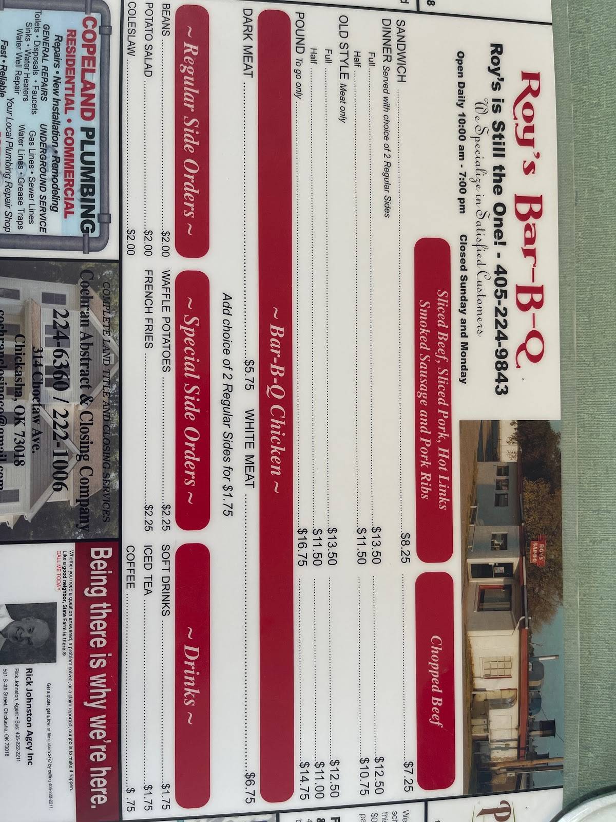 Menu at Roy's Bar-B-Q, Chickasha