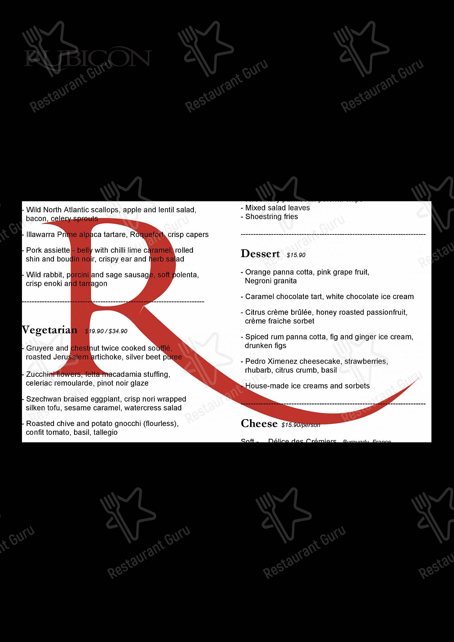 Menu at Rubicon Restaurant, Griffith