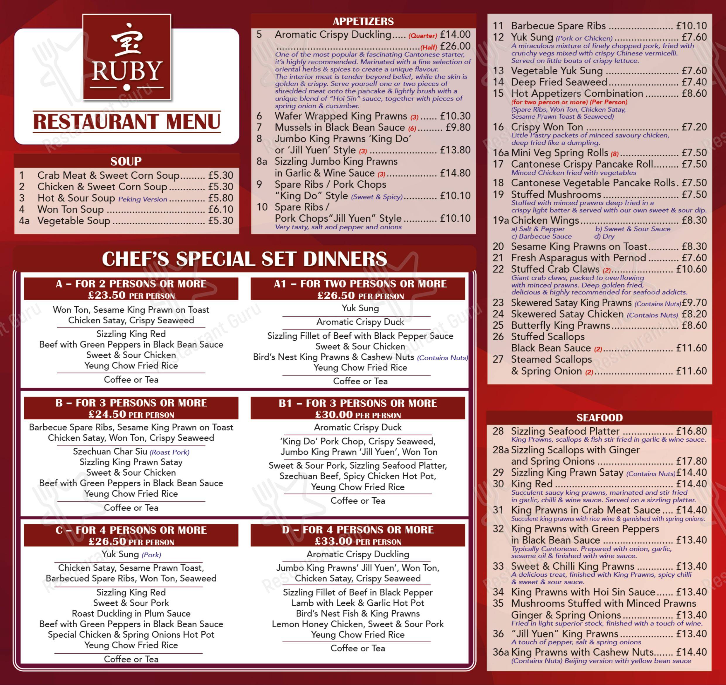Menu at Ruby Cantonese Restaurant, Stourbridge