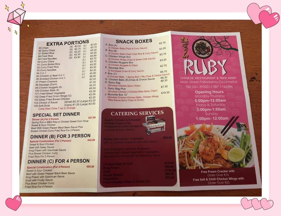 Menu at Ruby's Chinese Restaurant and Takeaway, Pallaskenry