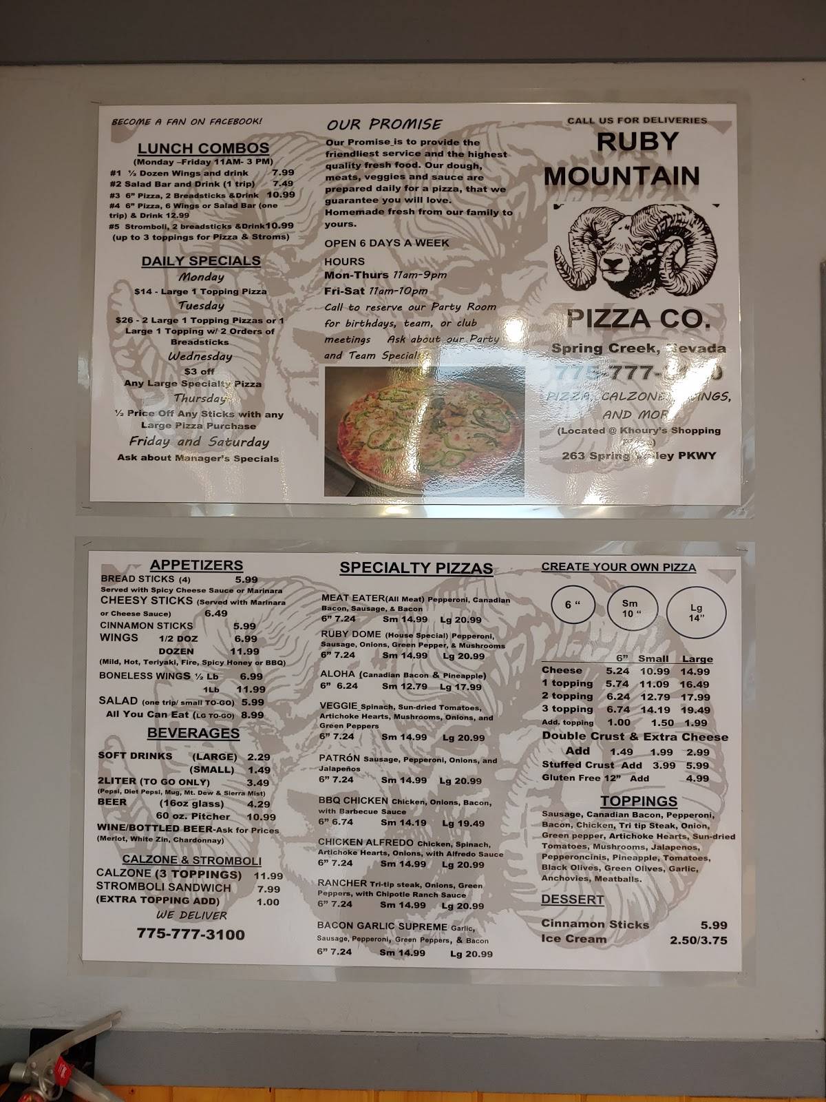 Menu at Ruby Mountain Pizza Co pizzeria, Spring Creek