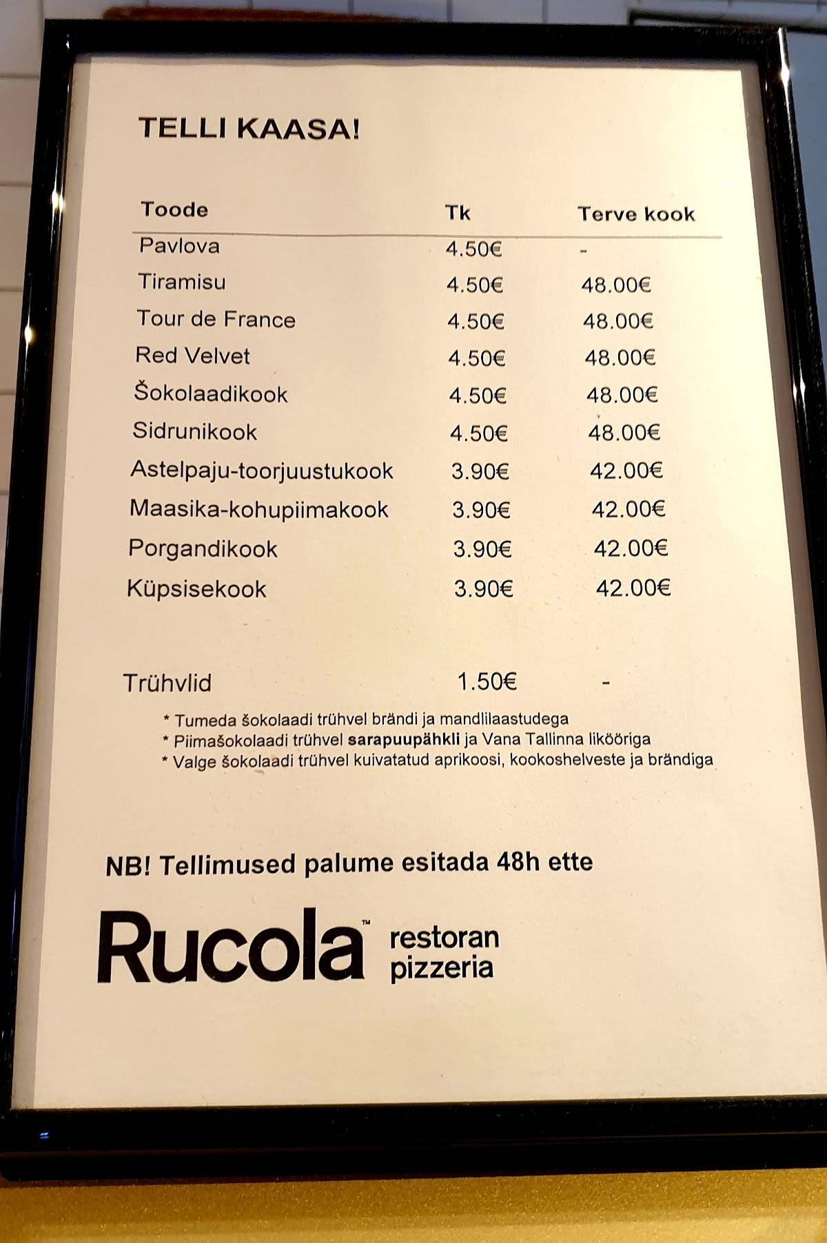 Menu at Rucola restoran & pizzeria, Tallinn