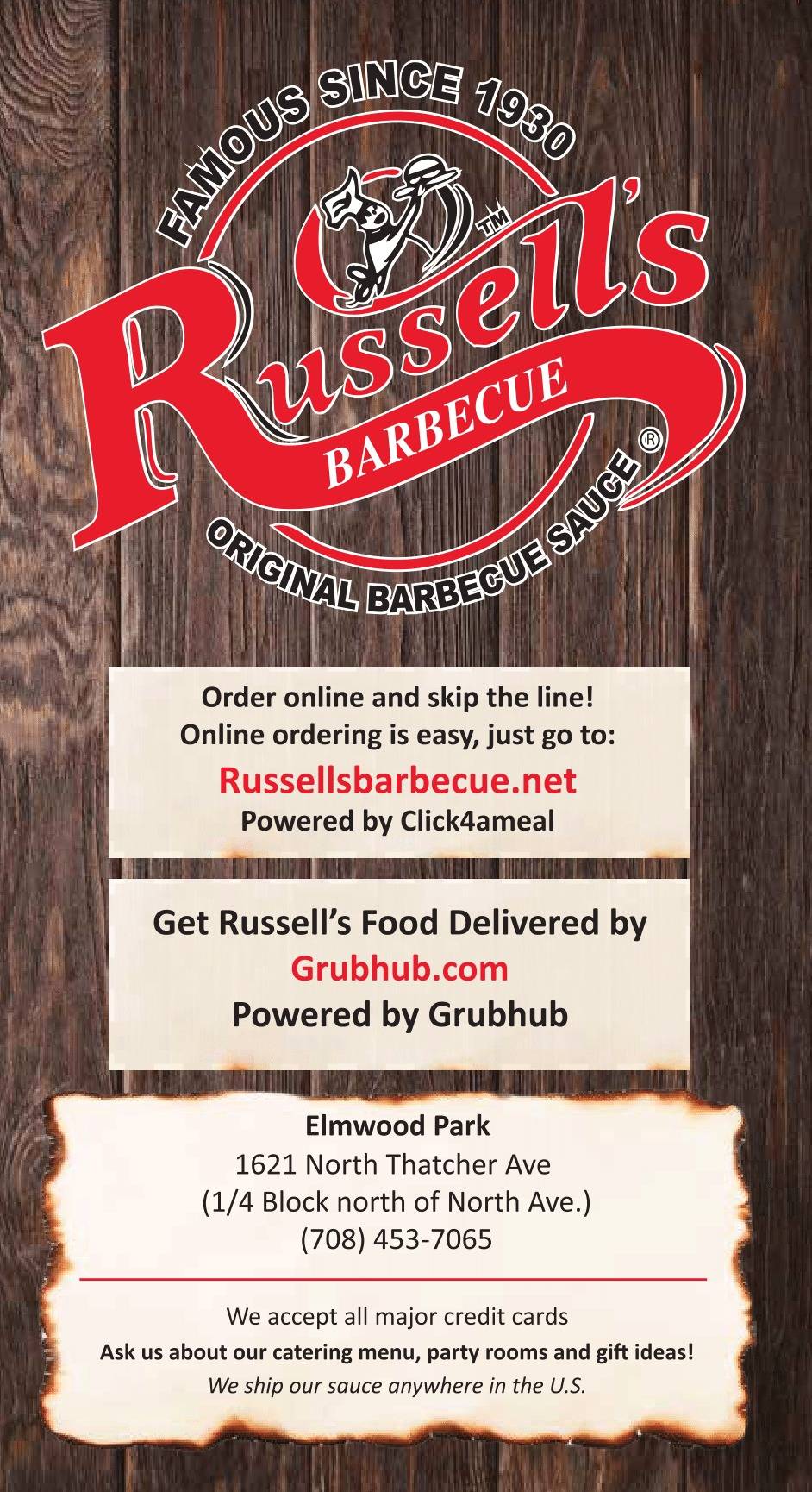 Menu at Russell's Barbecue, Elmwood Park, Thatcher Ave
