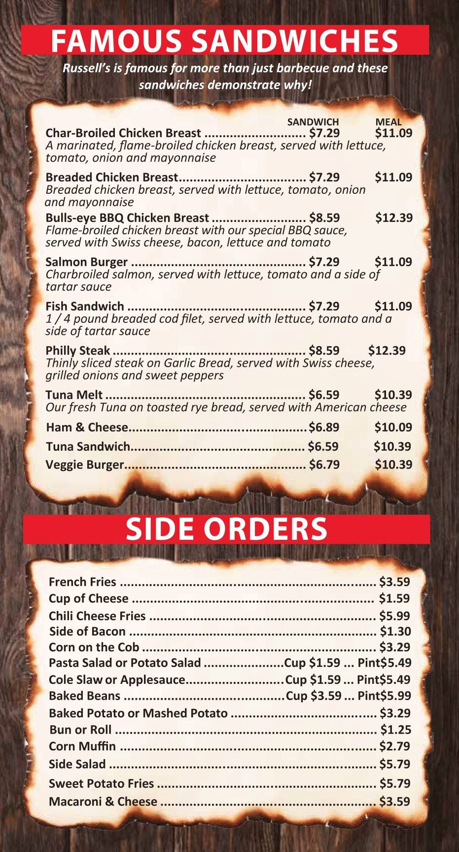 Menu at Russell's Barbecue, Elmwood Park, Thatcher Ave