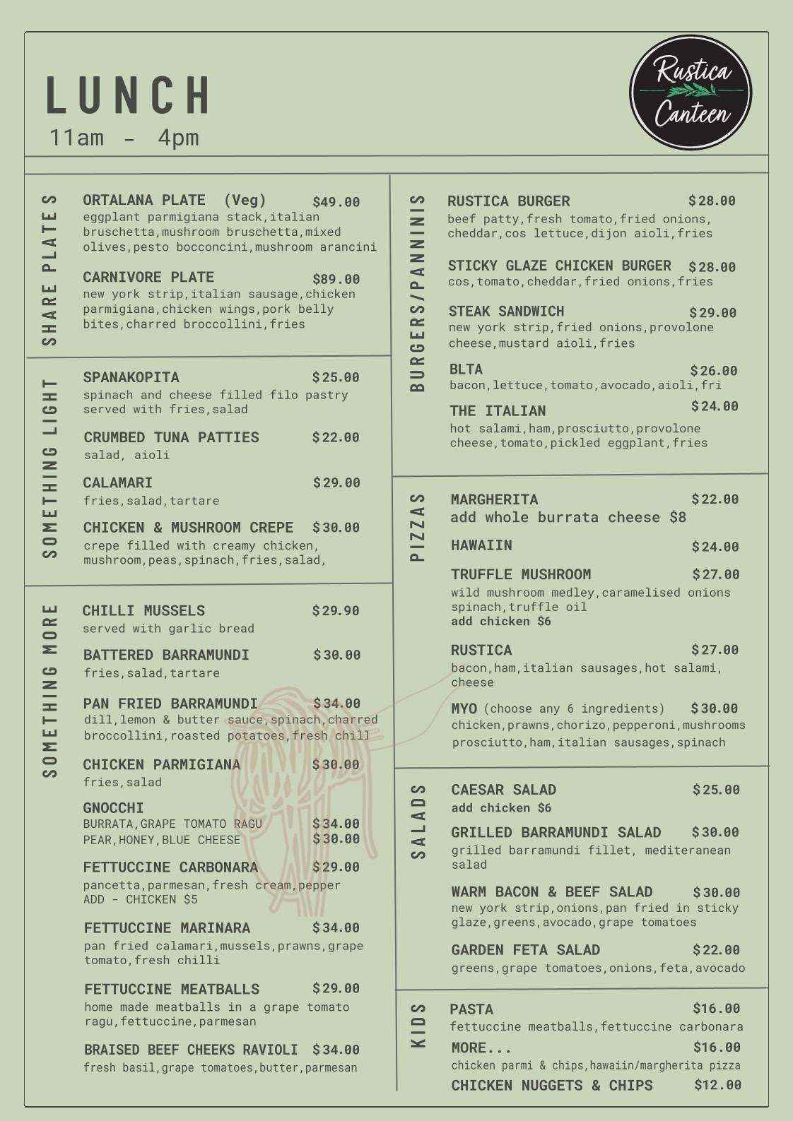 Menu at Rustica Canteen restaurant, Hillarys
