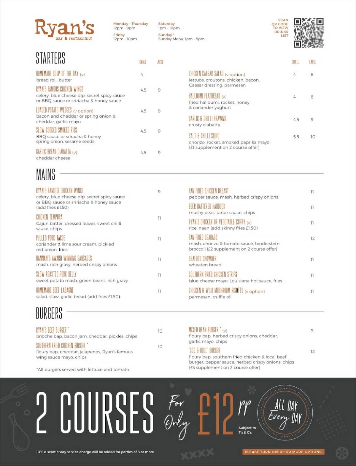 Menu at Ryan's Bar & Restaurant, Belfast
