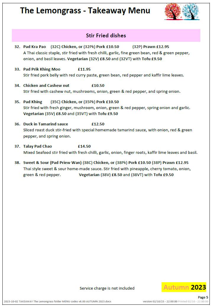 Menu at The Lemongrass, Thai Restaurant Rye, Rye