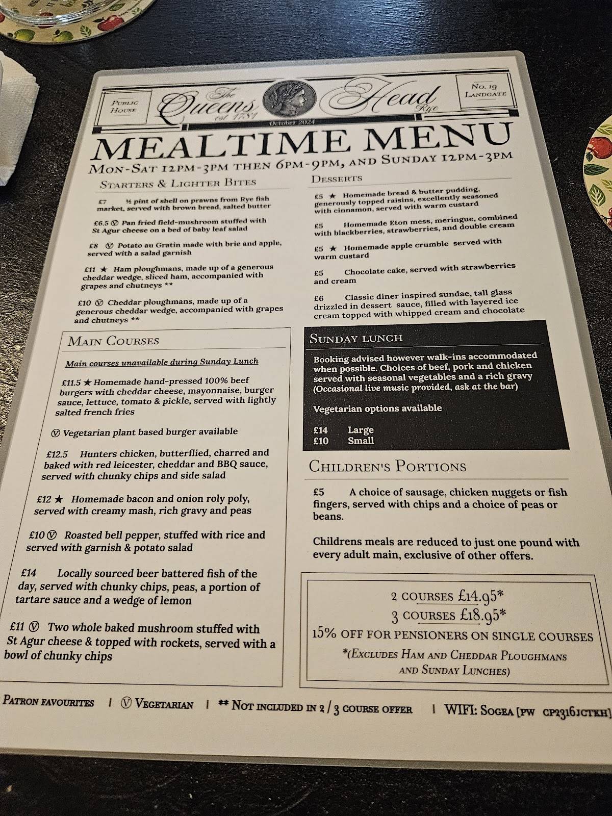 Menu at The Queens Head pub & bar, Rye