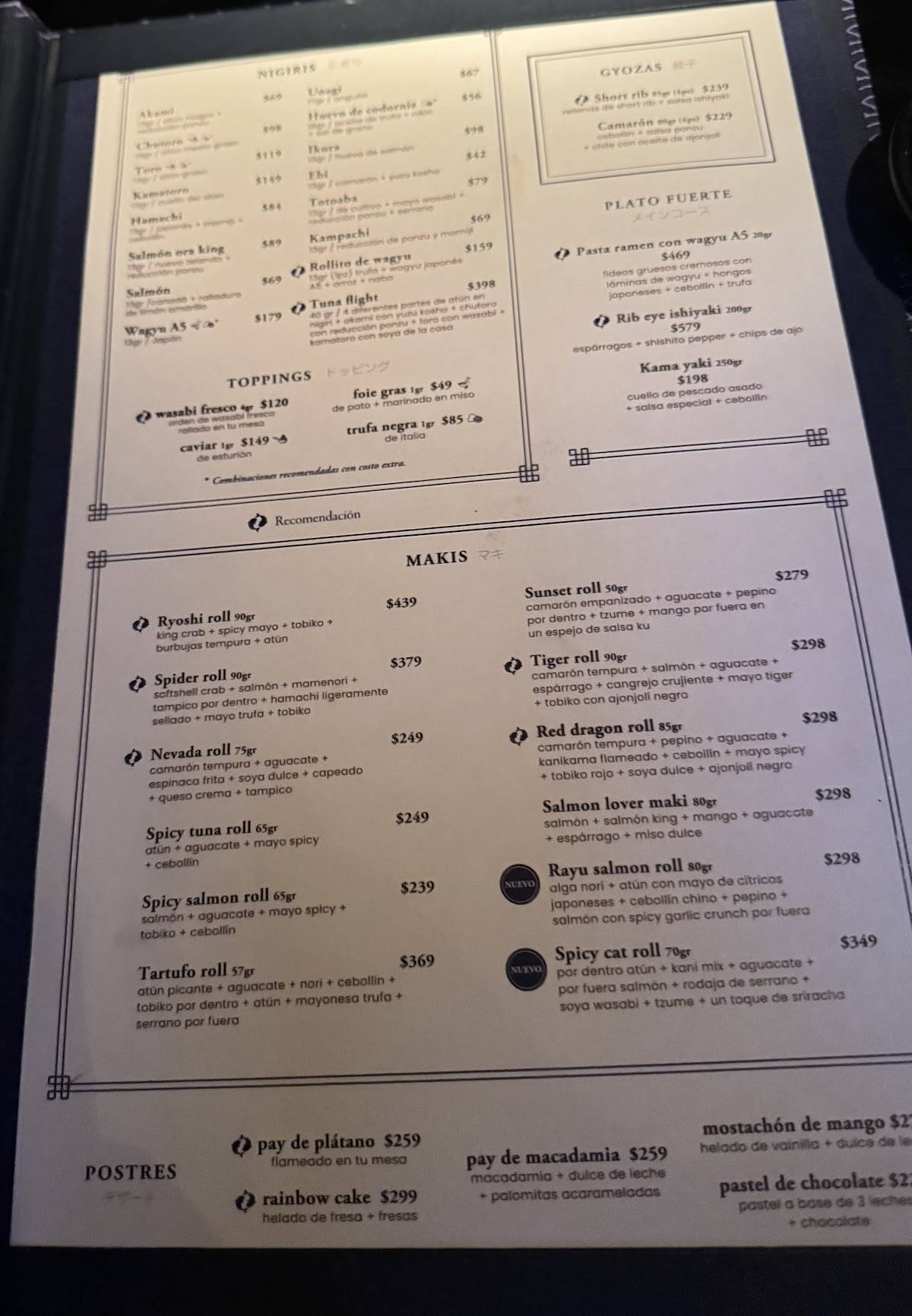 Menu at Ryoshi Monterrey restaurant, Monterrey